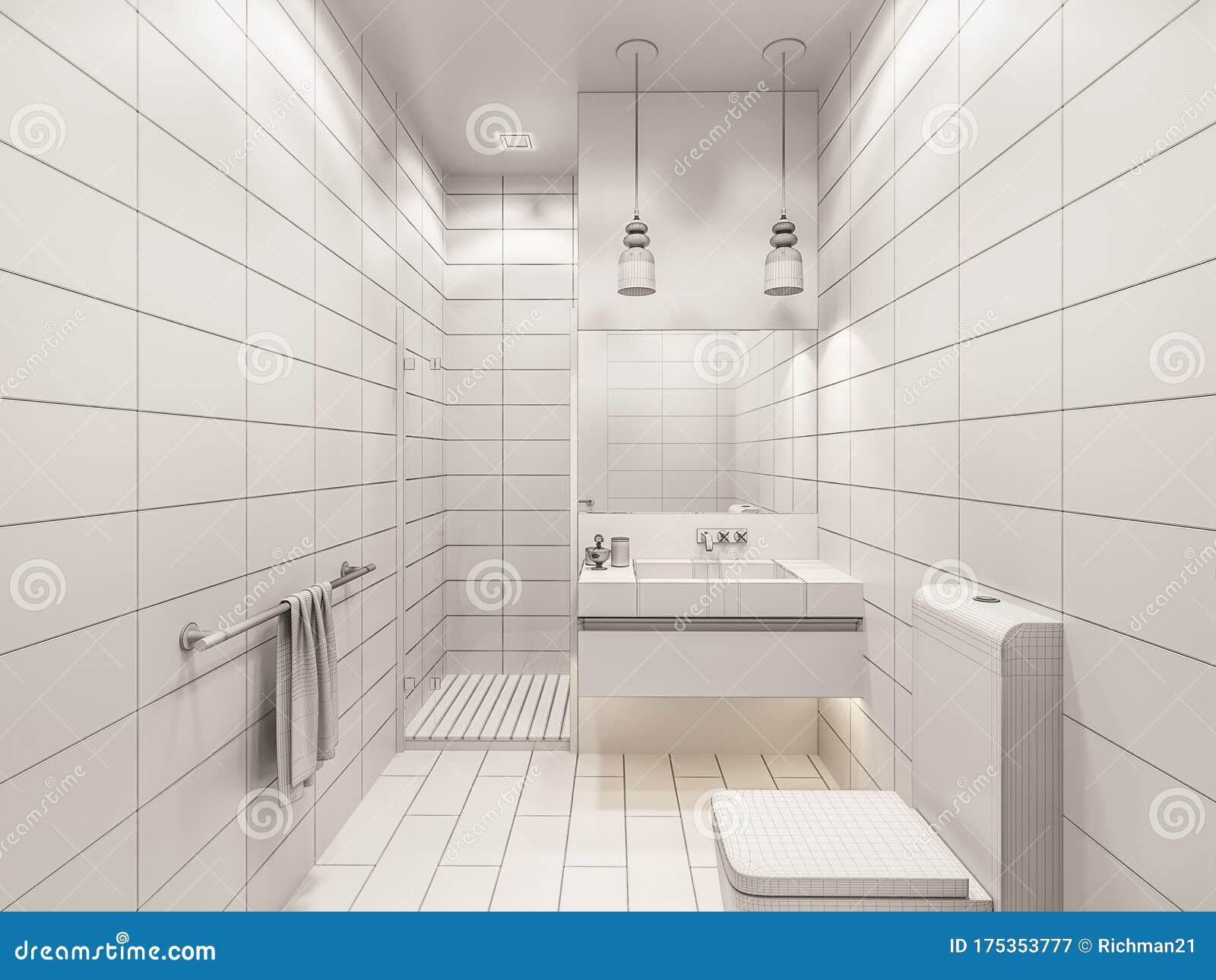 3D Render of the Interior of the Bathroom with Shower Stock ...