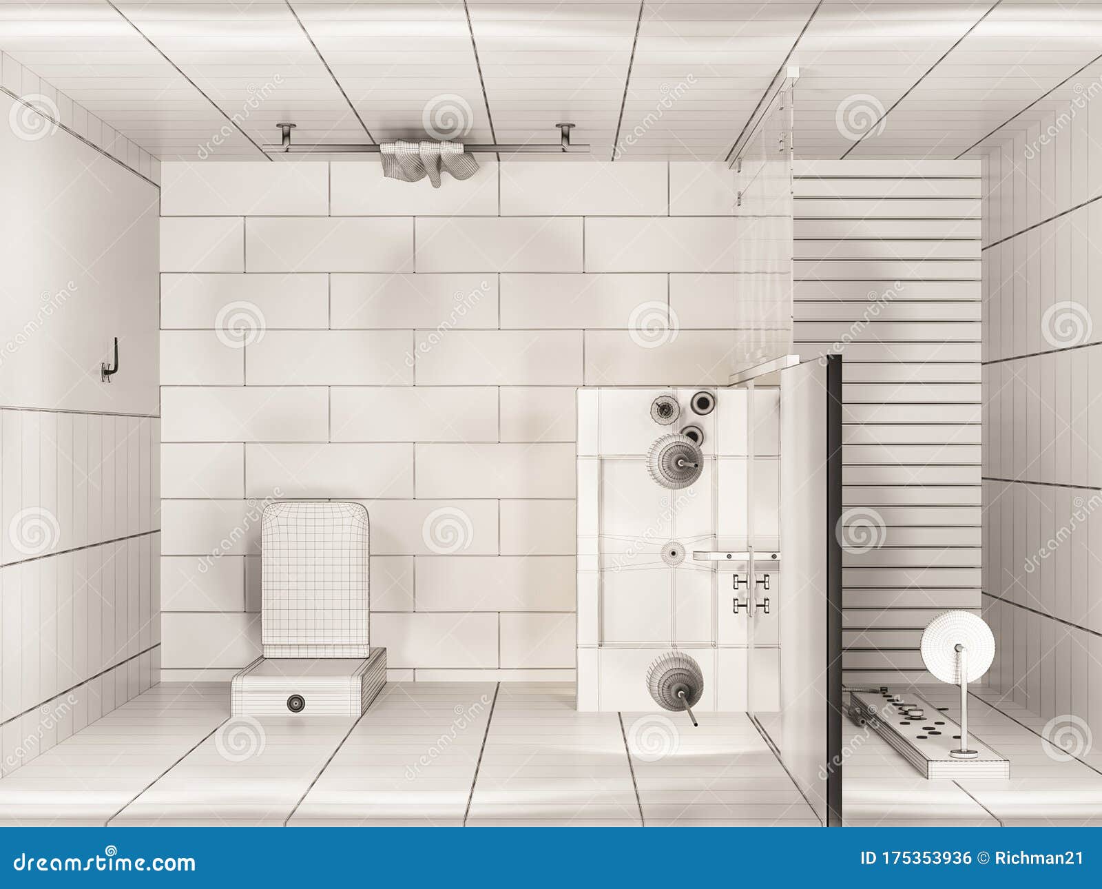 3D Render of the Interior of the Bathroom with Shower in 3d Plan Top ...