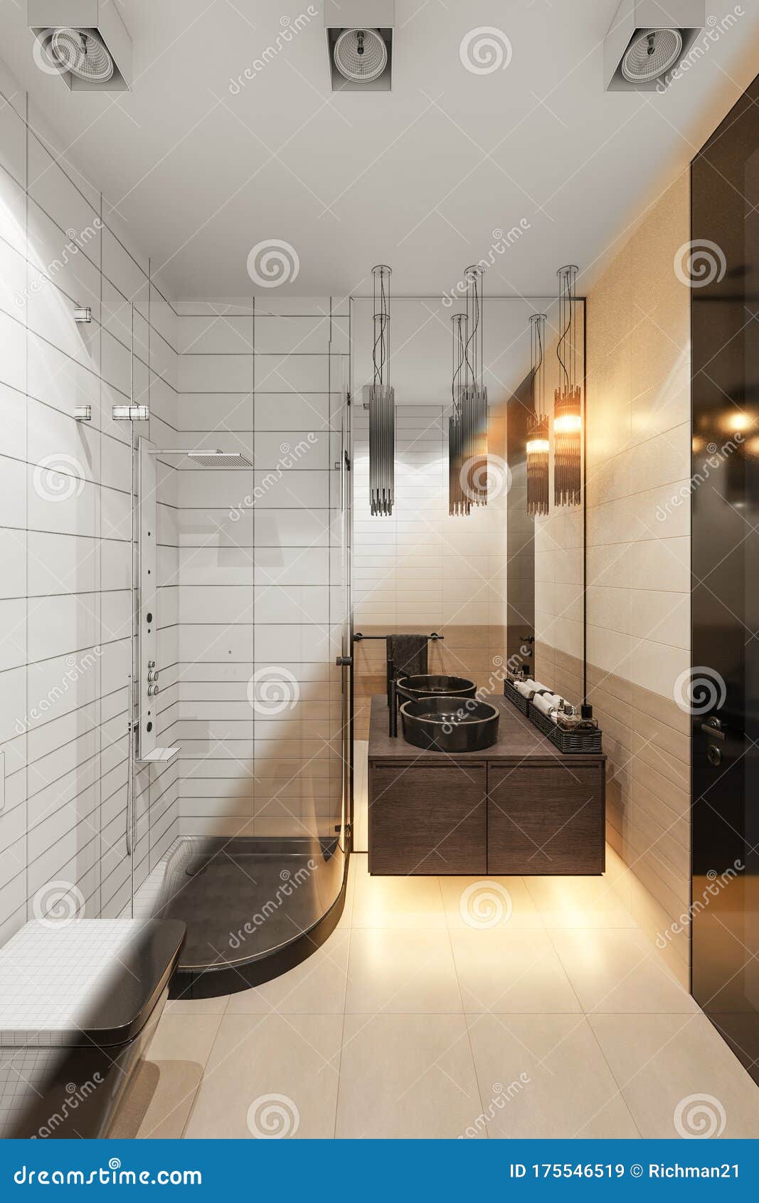 3d Render Interior Design of the Bathroom with a Corner Shower Stock ...
