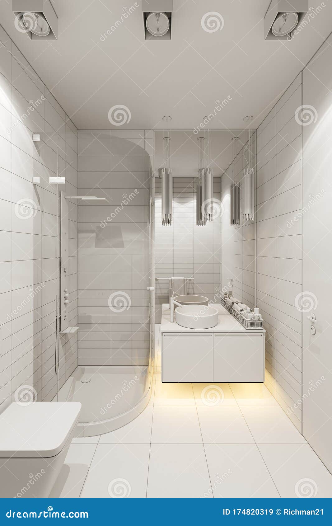 3d Render Interior Design of the Bathroom with a Corner Shower Stock ...