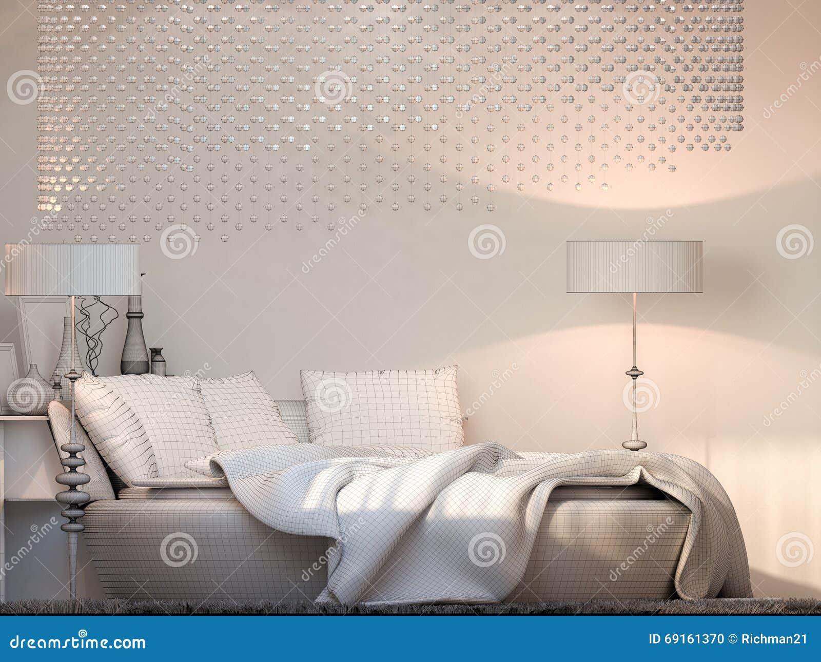 3d Render Interior Design Bedroom Displayed in the Polygon Mesh. Stock ...