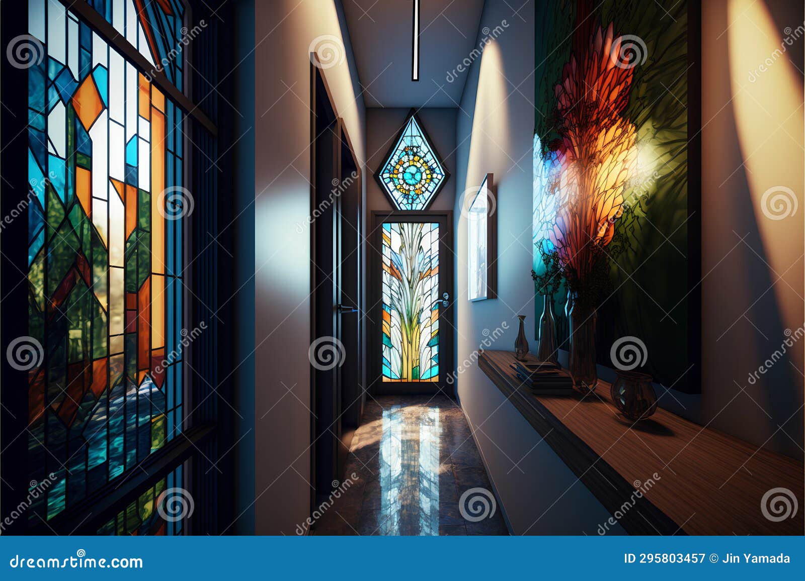 3d Render Interior Design of a Room with Stained Glass Window. Stock ...