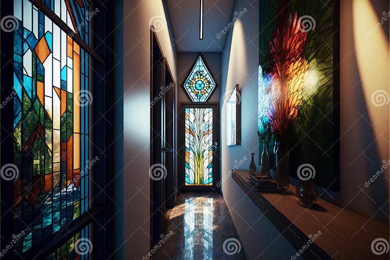 3d Render Interior Design of a Room with Stained Glass Window. Stock ...