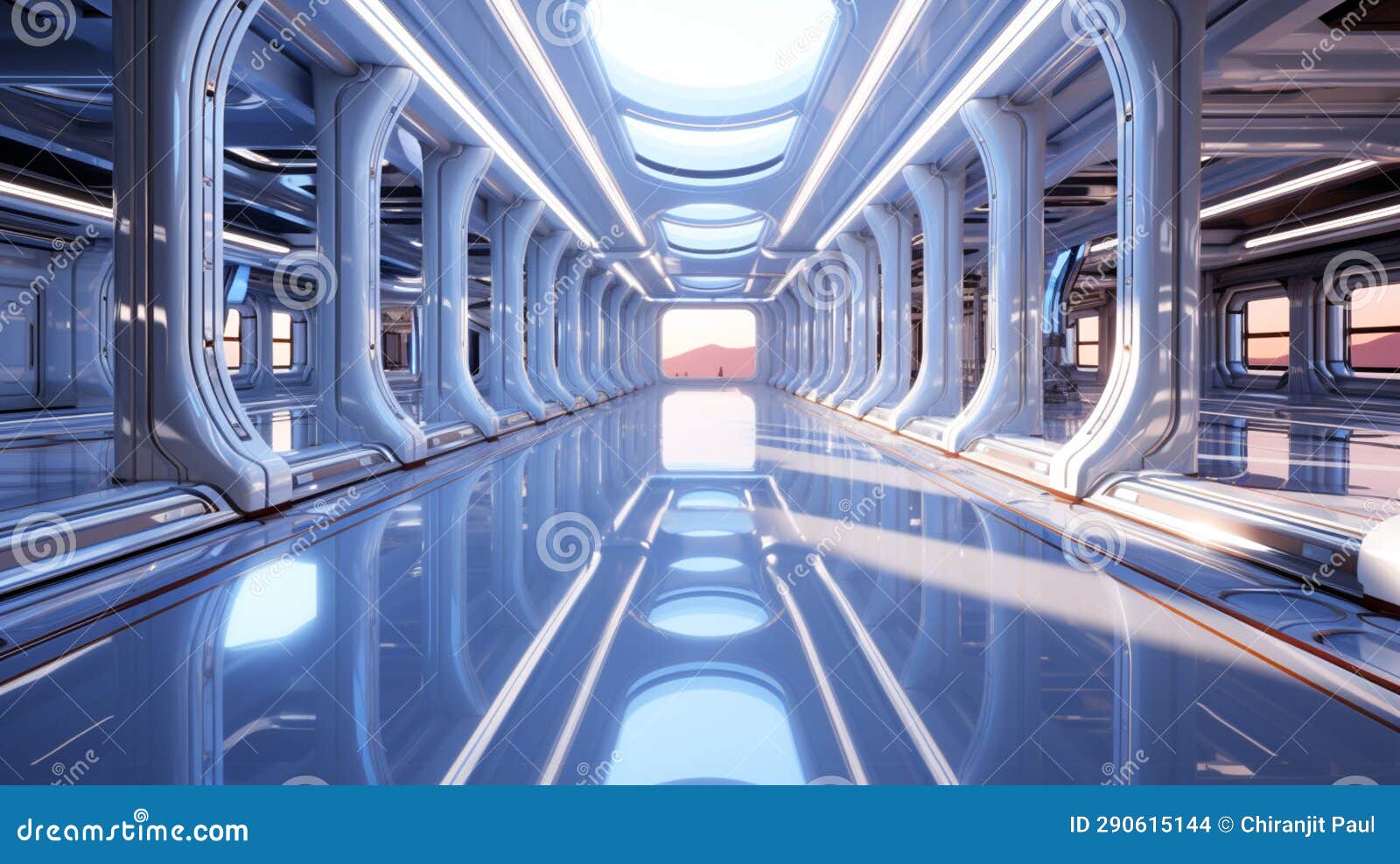 3d Render Interior Futuristic Hallway Stock Illustration - Illustration ...