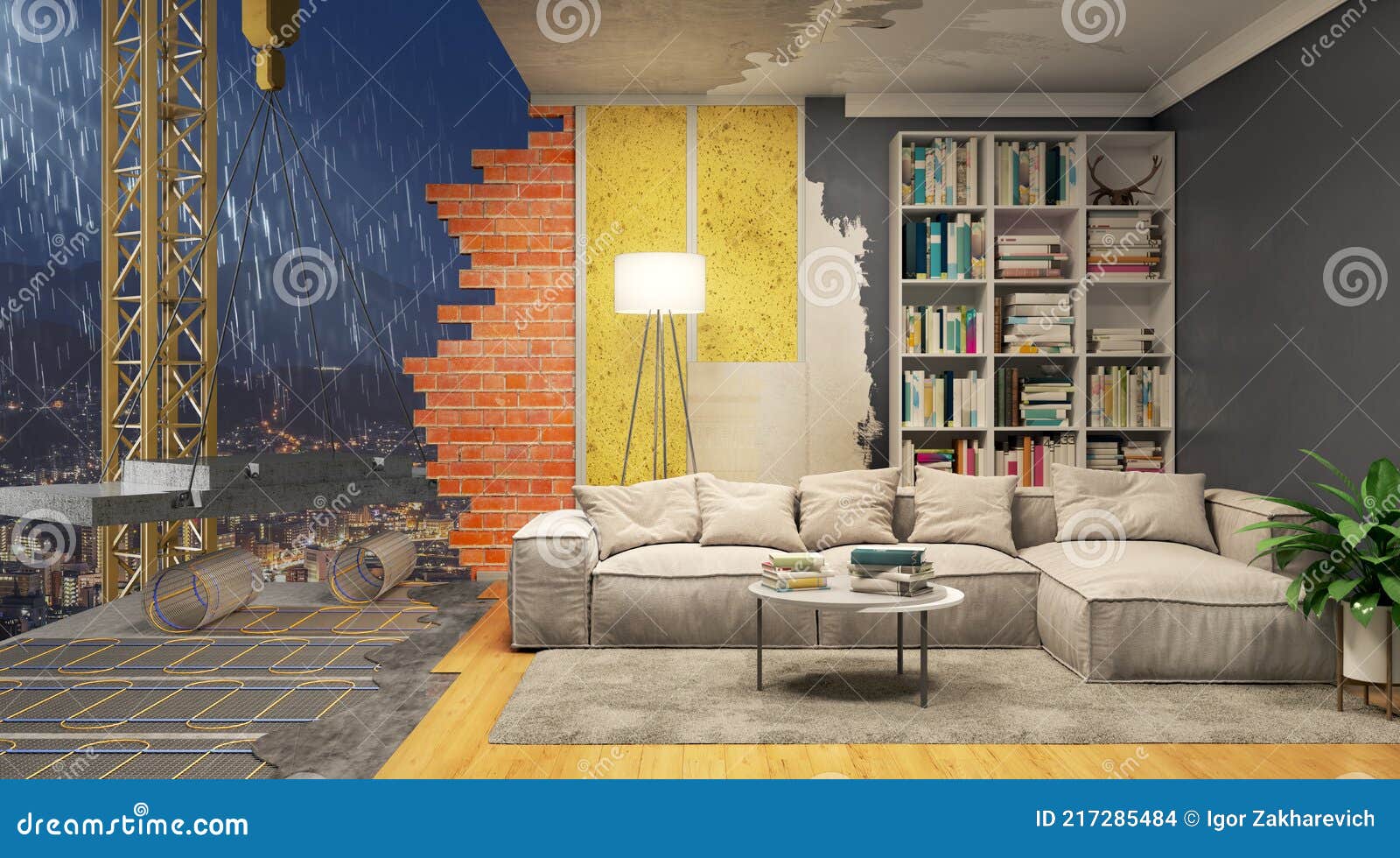 3d Render of Interior with Layered Scheme of Walls. in Half of ...