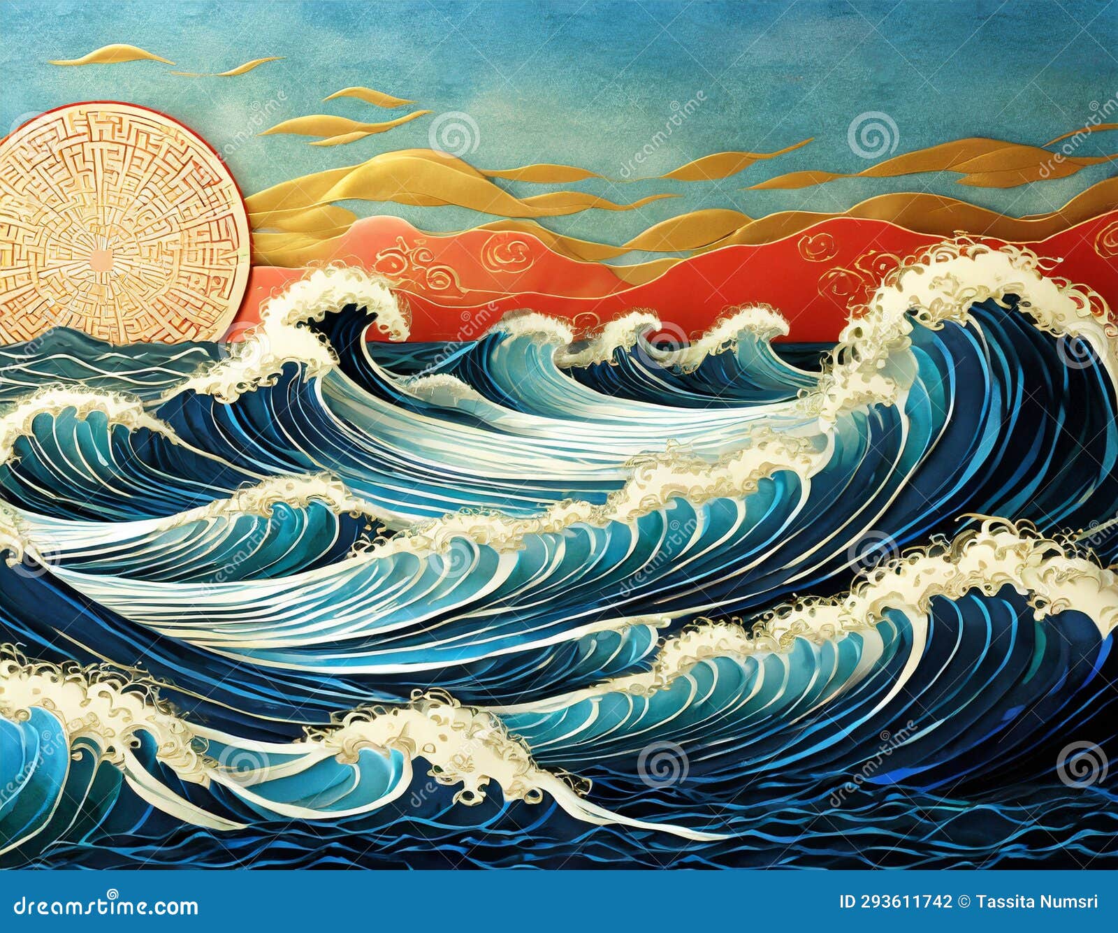 3D Render Japanese Graphic Sea Waves Stock Illustration - Illustration ...