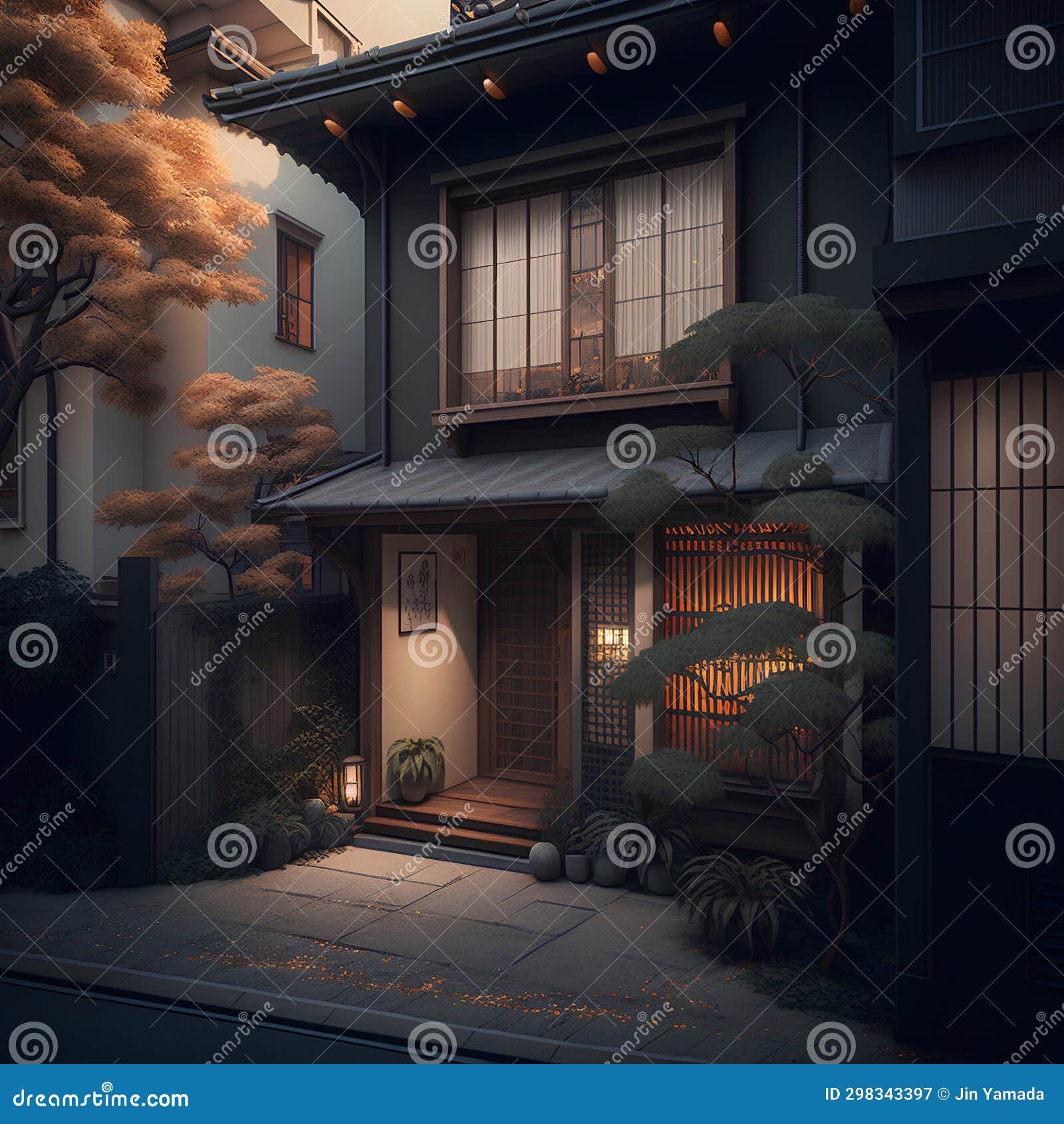 3d Render of Japanese Style House in the Street at Night. Stock ...