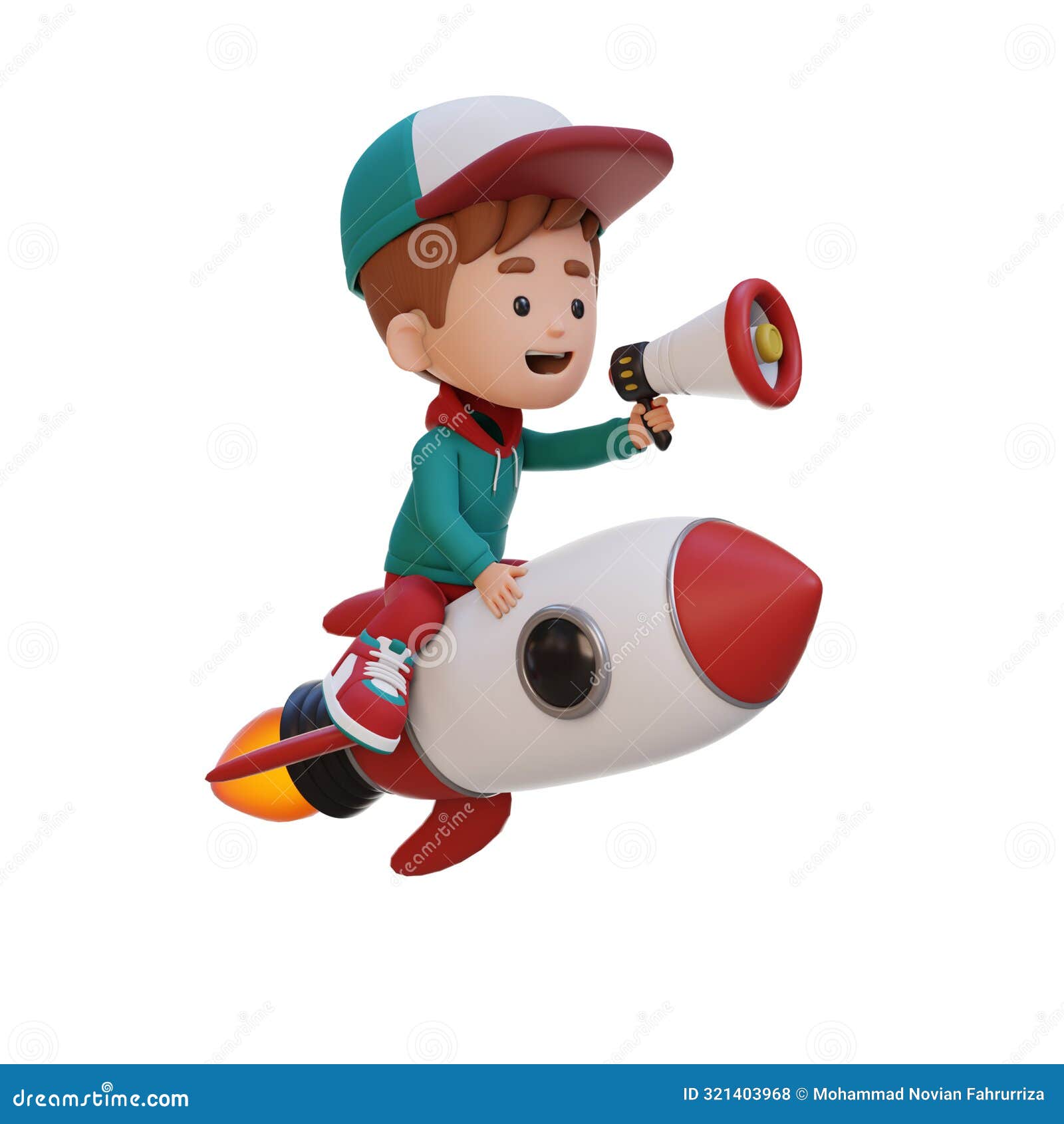 3D Kid Character Riding a Rocket and Holding Megaphone Stock ...