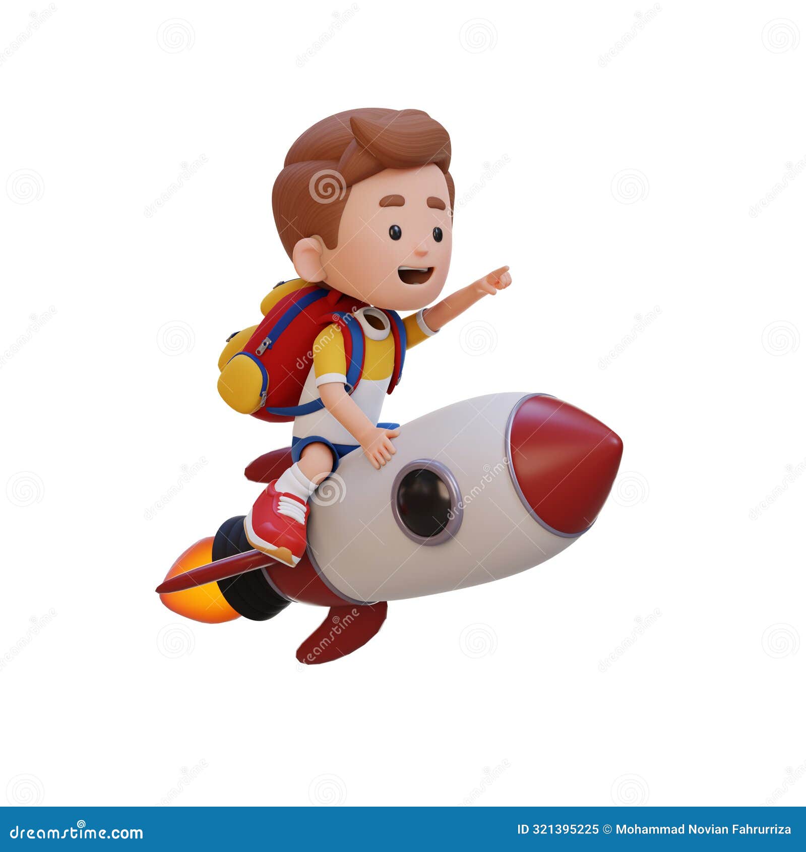 3D Kid Character Riding a Rocket and Pointing Hand Stock Image ...