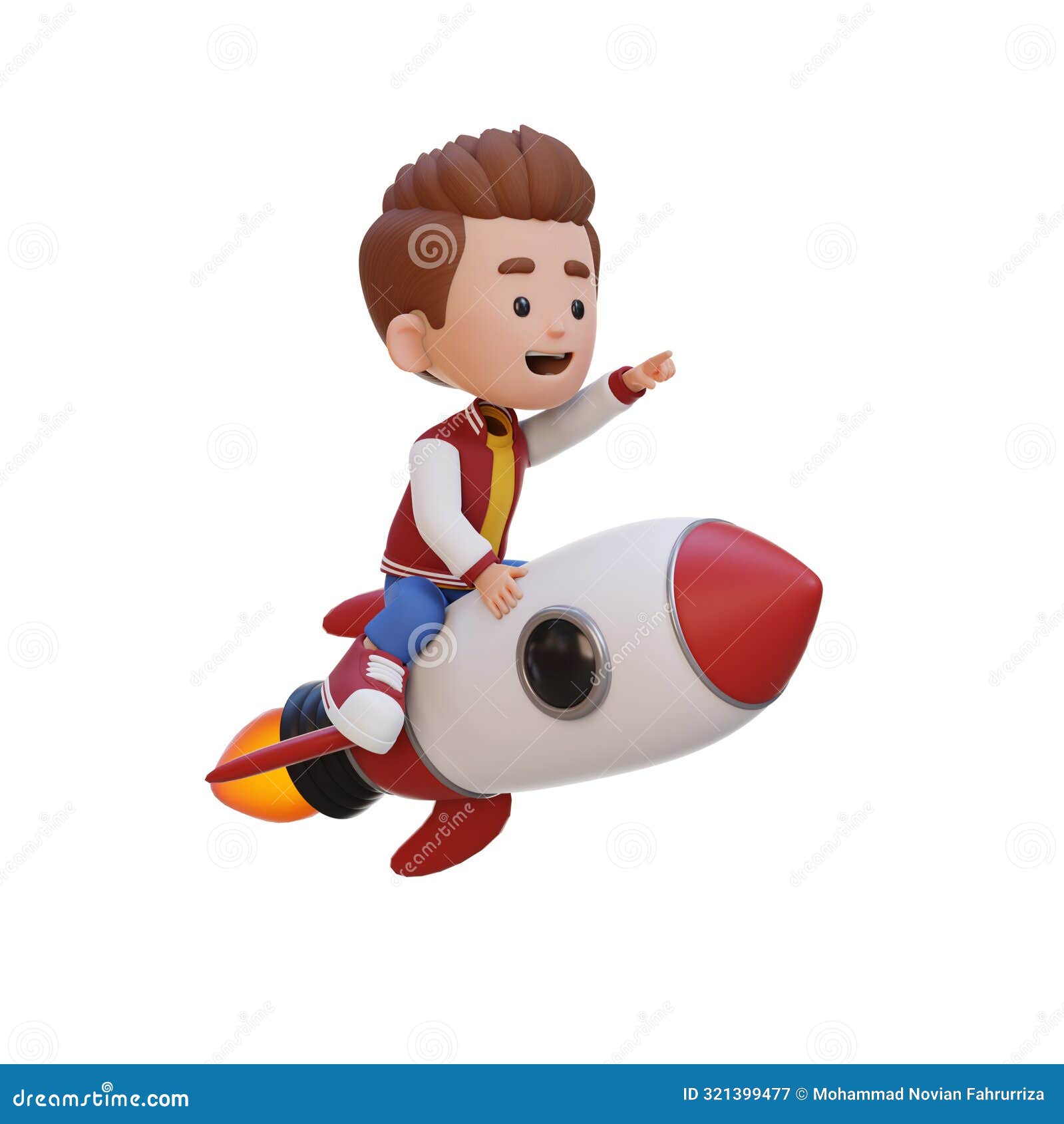 3D Kid Character Riding a Rocket and Pointing Hand Stock Image ...