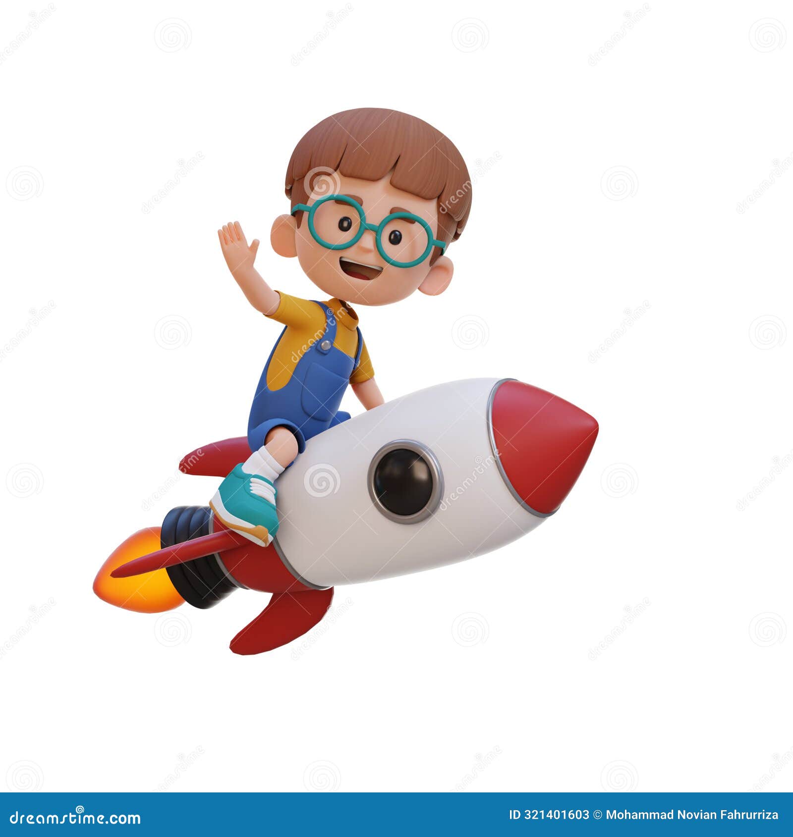 3D Kid Character Riding a Rocket and Waving Hand Stock Image ...