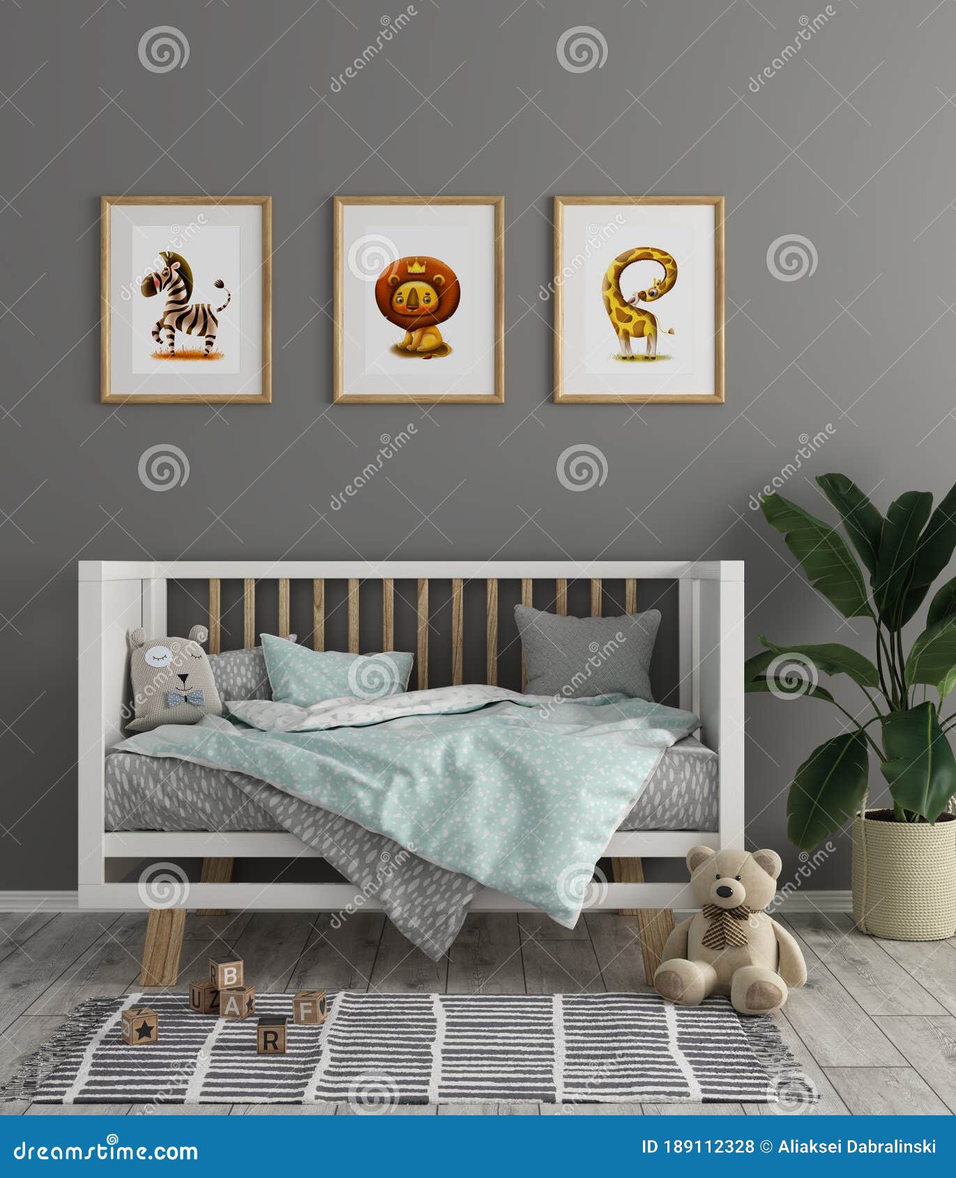 3d Render Kids Room with Photo Frames Stock Illustration - Illustration ...