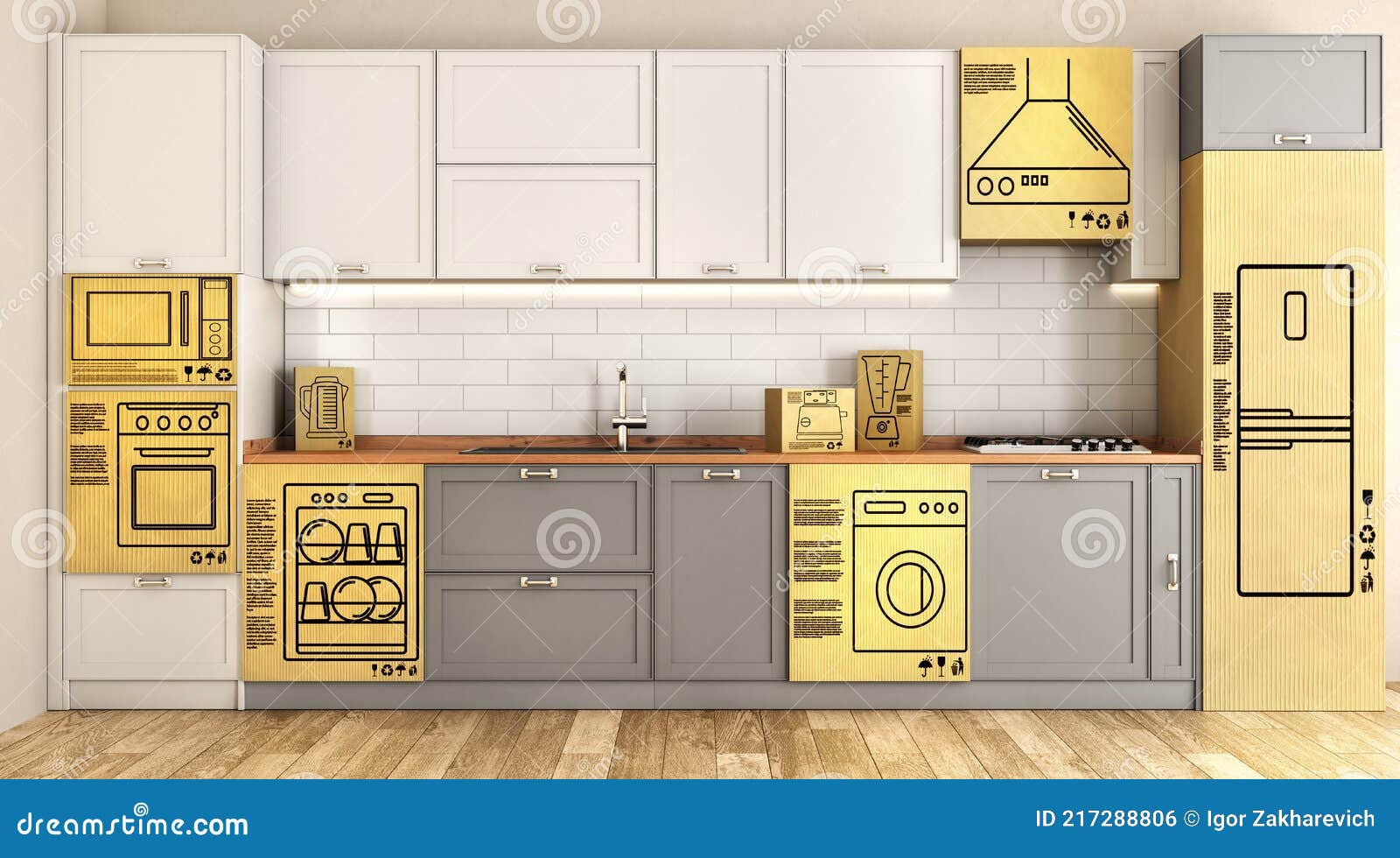 3d Render of a Kitchen with Appliances in the Form of Cardboard Boxes ...