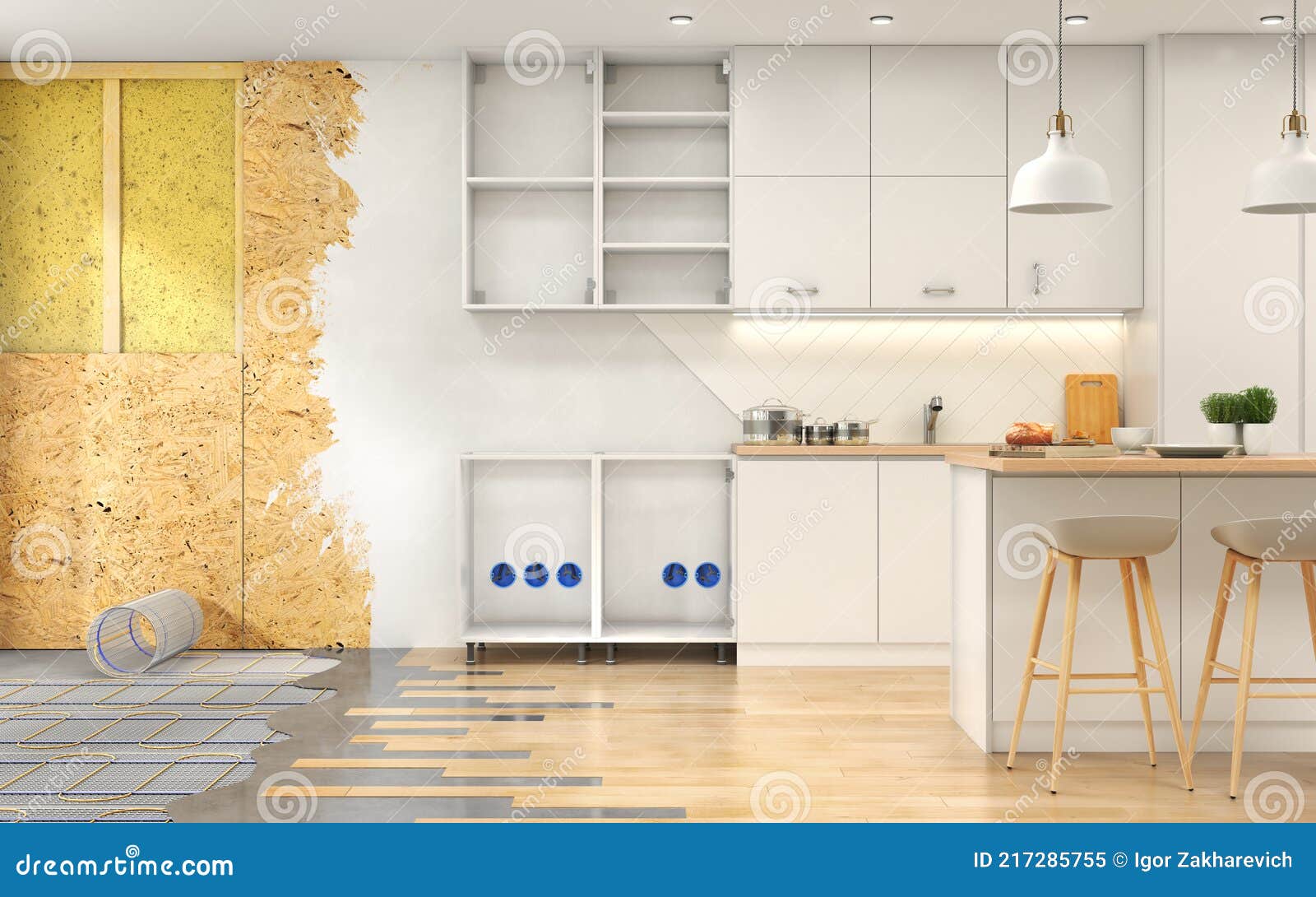 3d Render of Kitchen in Construction Process with Layered Scheme of ...