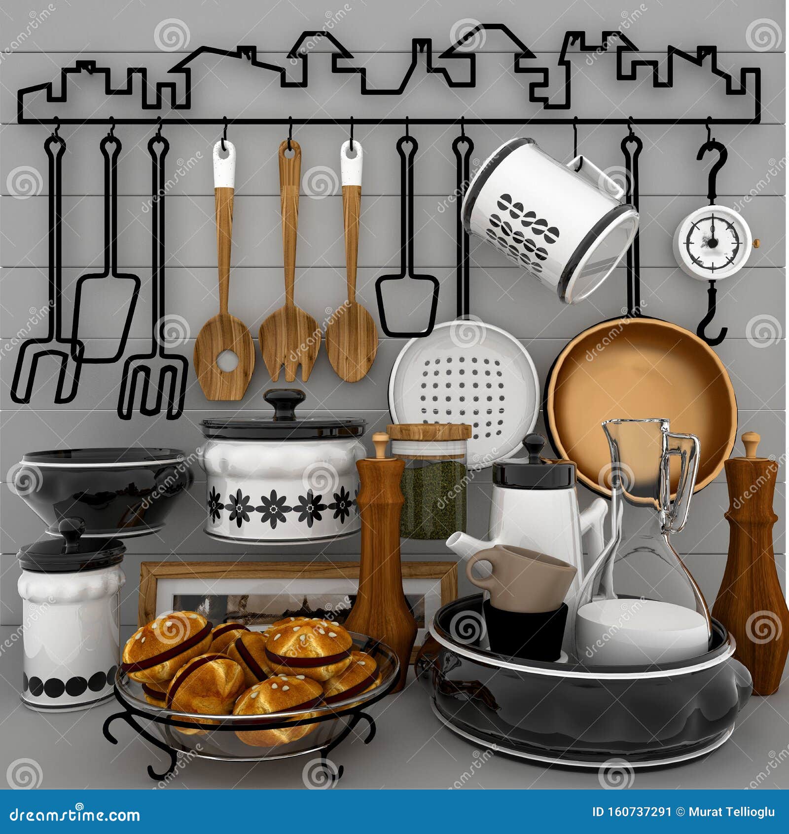 3d Render Kitchen Decor Set Stock Illustration - Illustration of coffee ...