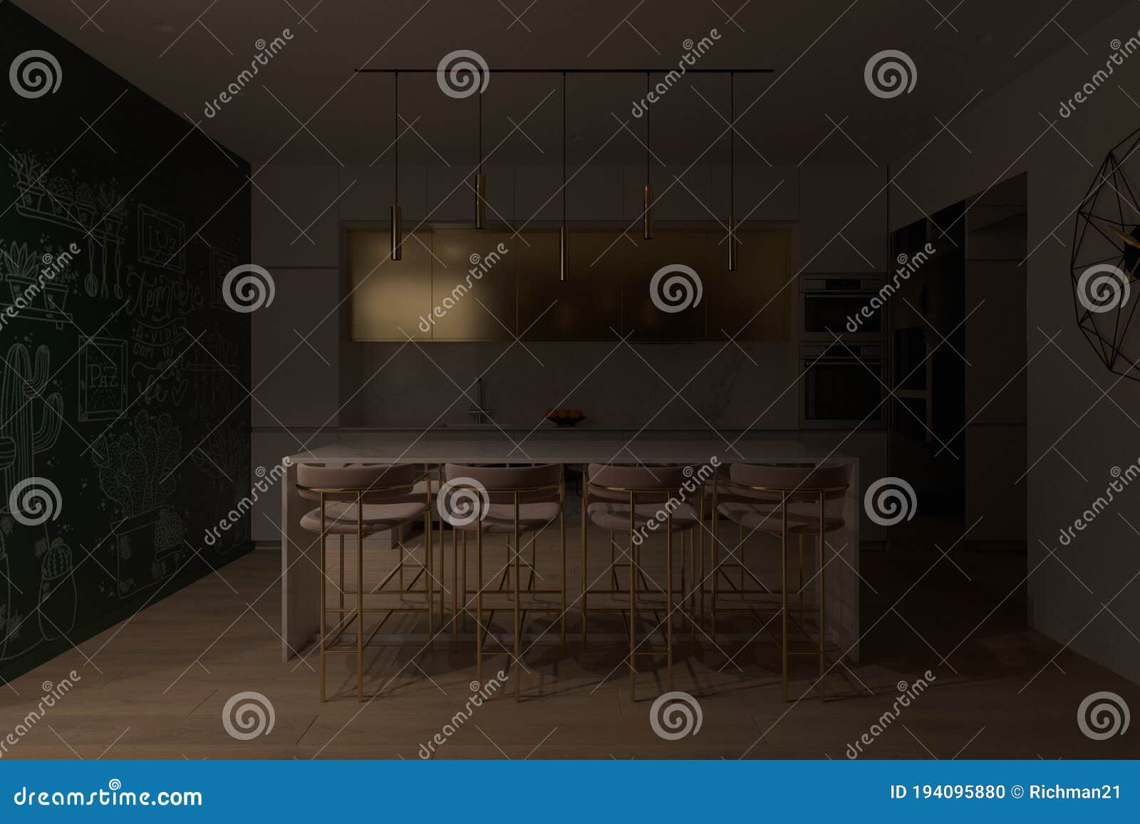 3D Render Kitchen Interior Design with Cooking Island and Night ...