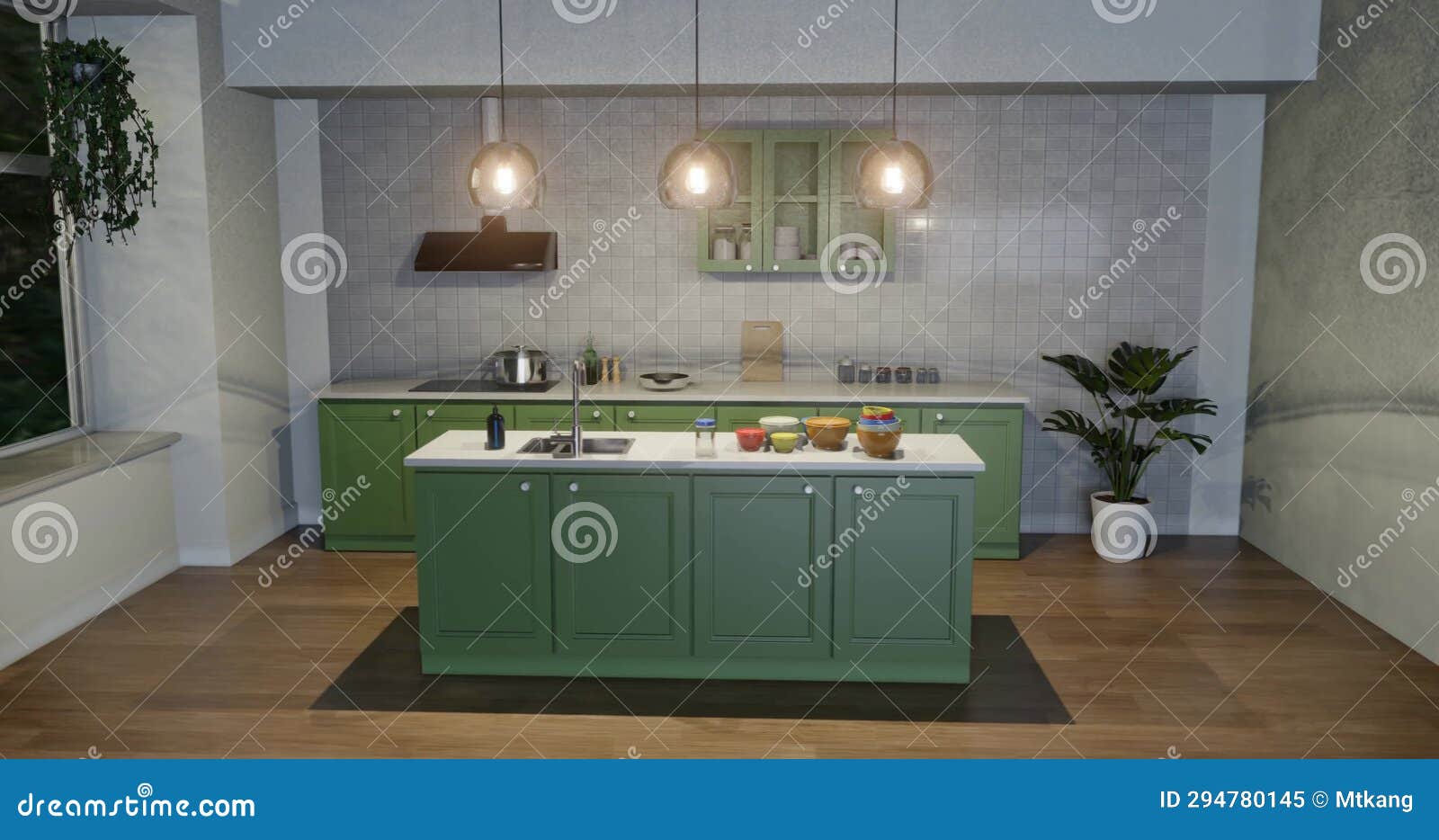 3d Render of Kitchen at Night for Indoor Interior Design Concept Stock ...