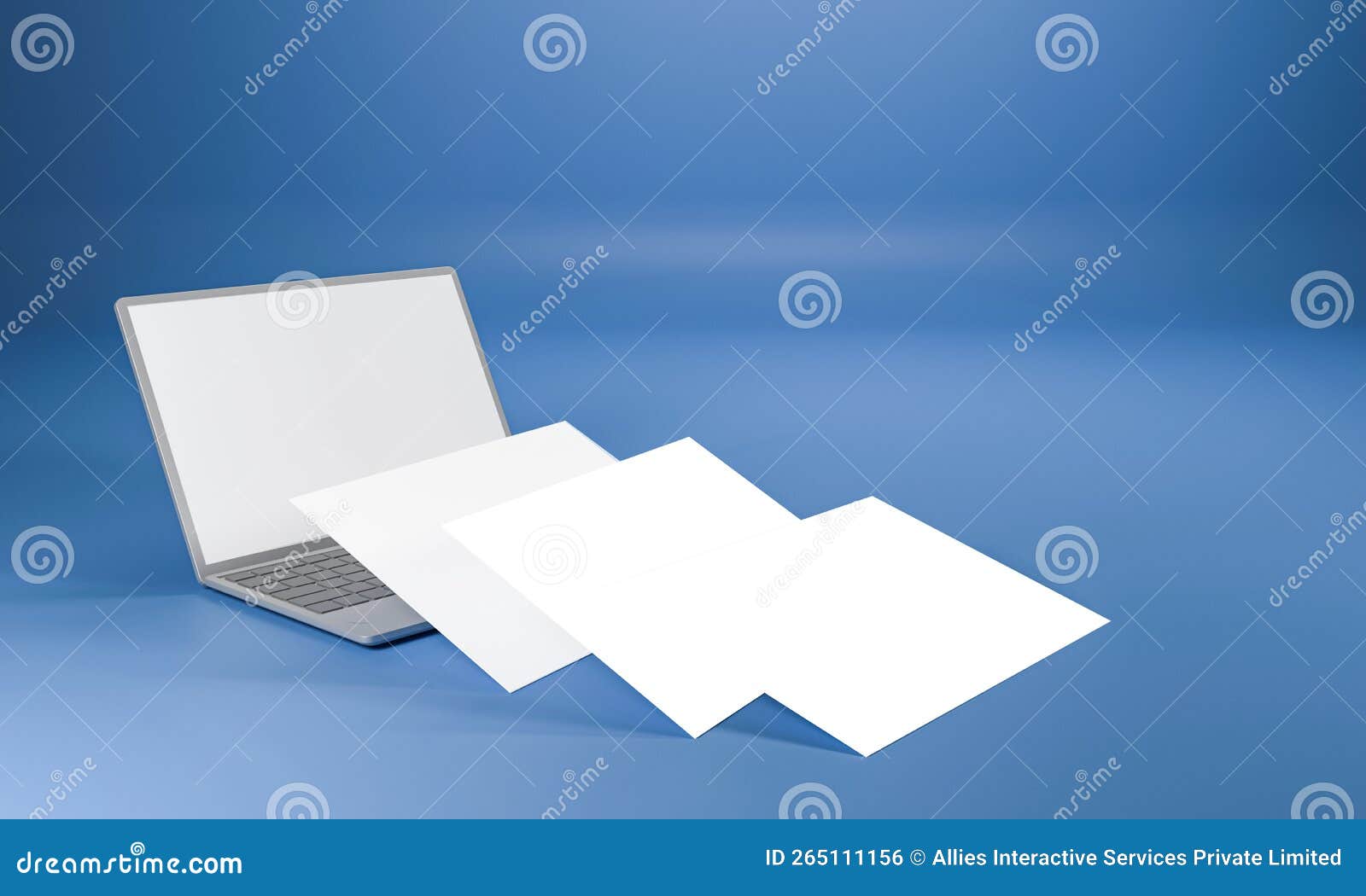 3D Render Laptop with Blank Floating Screens Mockup on Blue Stock ...