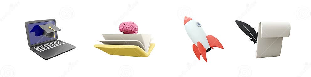 3d Render Laptop, Brain in Folder, Rocket, Paper Roll Icon Set on White ...