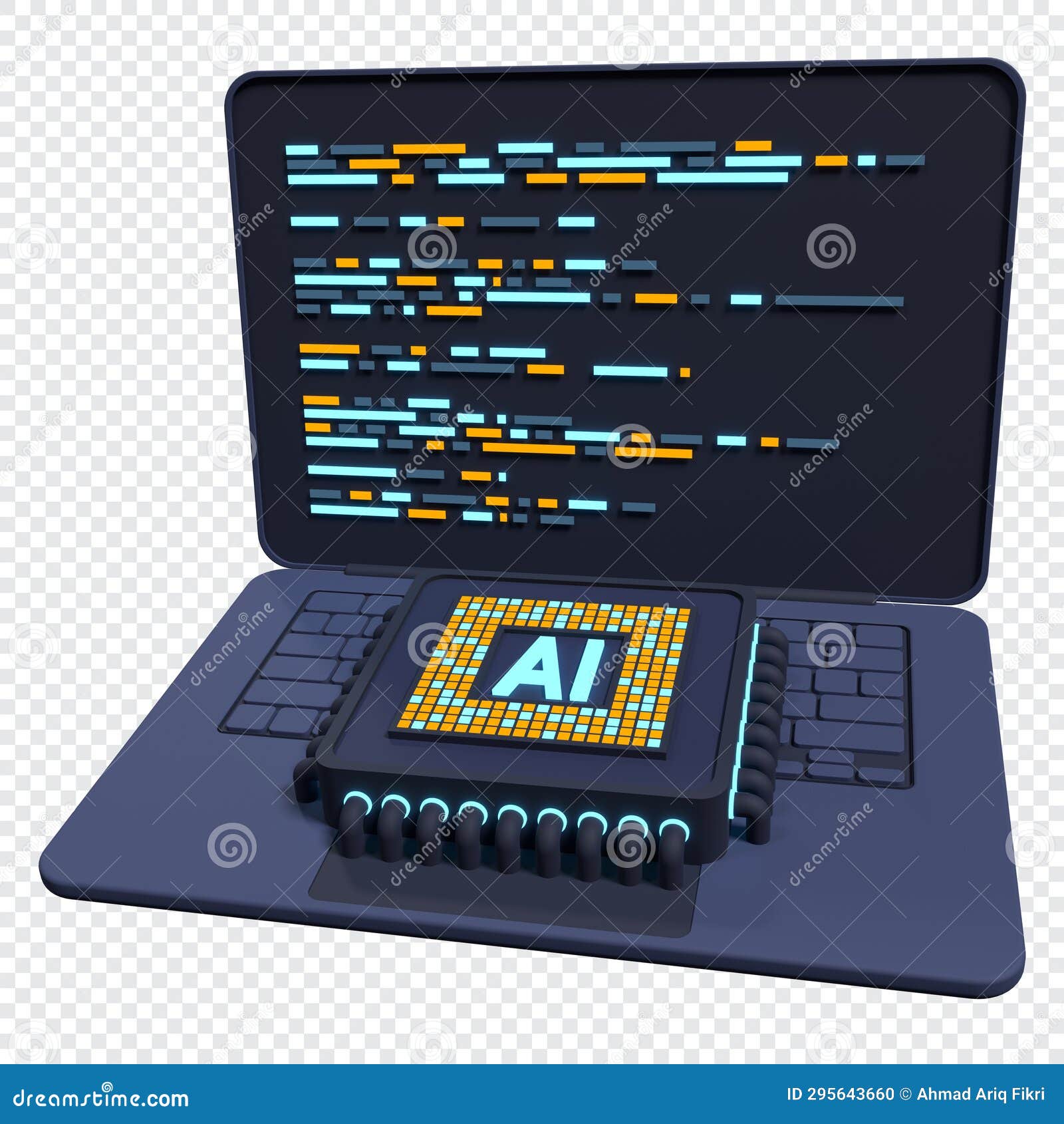 3D Render Laptop Computer with Microchip. AI Chip Hardware Concept ...