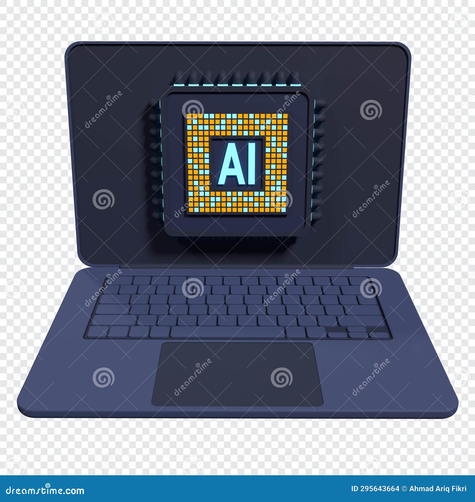 3D Render Laptop Computer with Microchip. AI Chip Hardware Concept ...