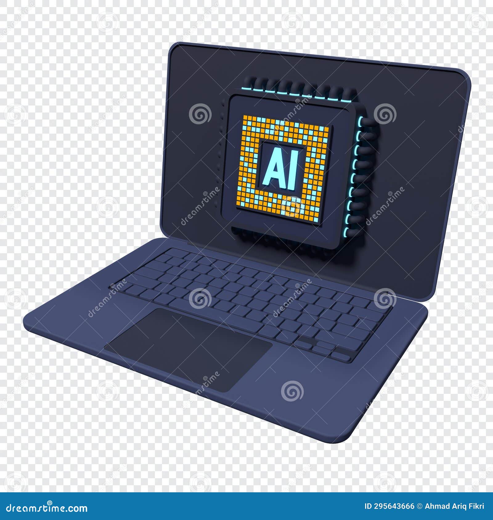 3D Render Laptop Computer with Microchip. AI Chip Hardware Concept ...