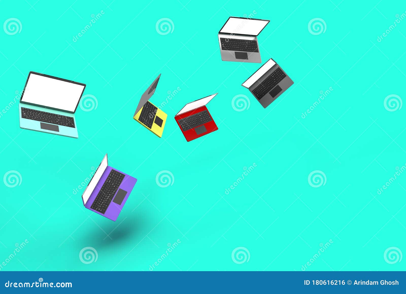 3d Render Of Laptops Of Bright Matte Color Bodies Falling And Flying In ...