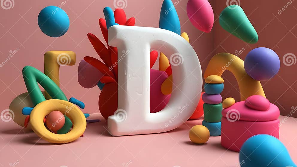 3D Render of Letter D Surrounded by Colorful Playful Objects in a Soft ...