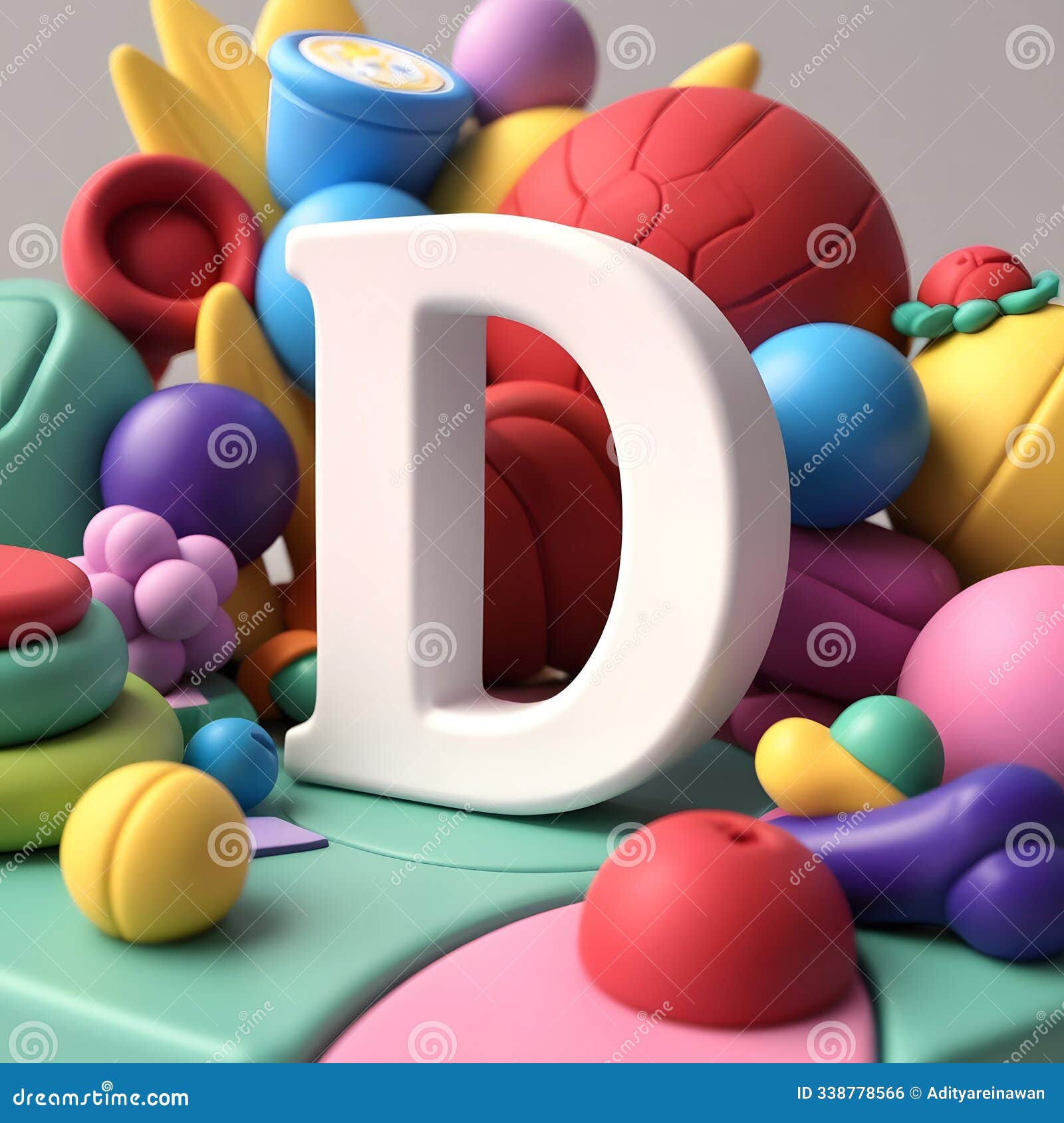 3D Render of Letter D Surrounded by Colorful Playful Objects in a Soft ...