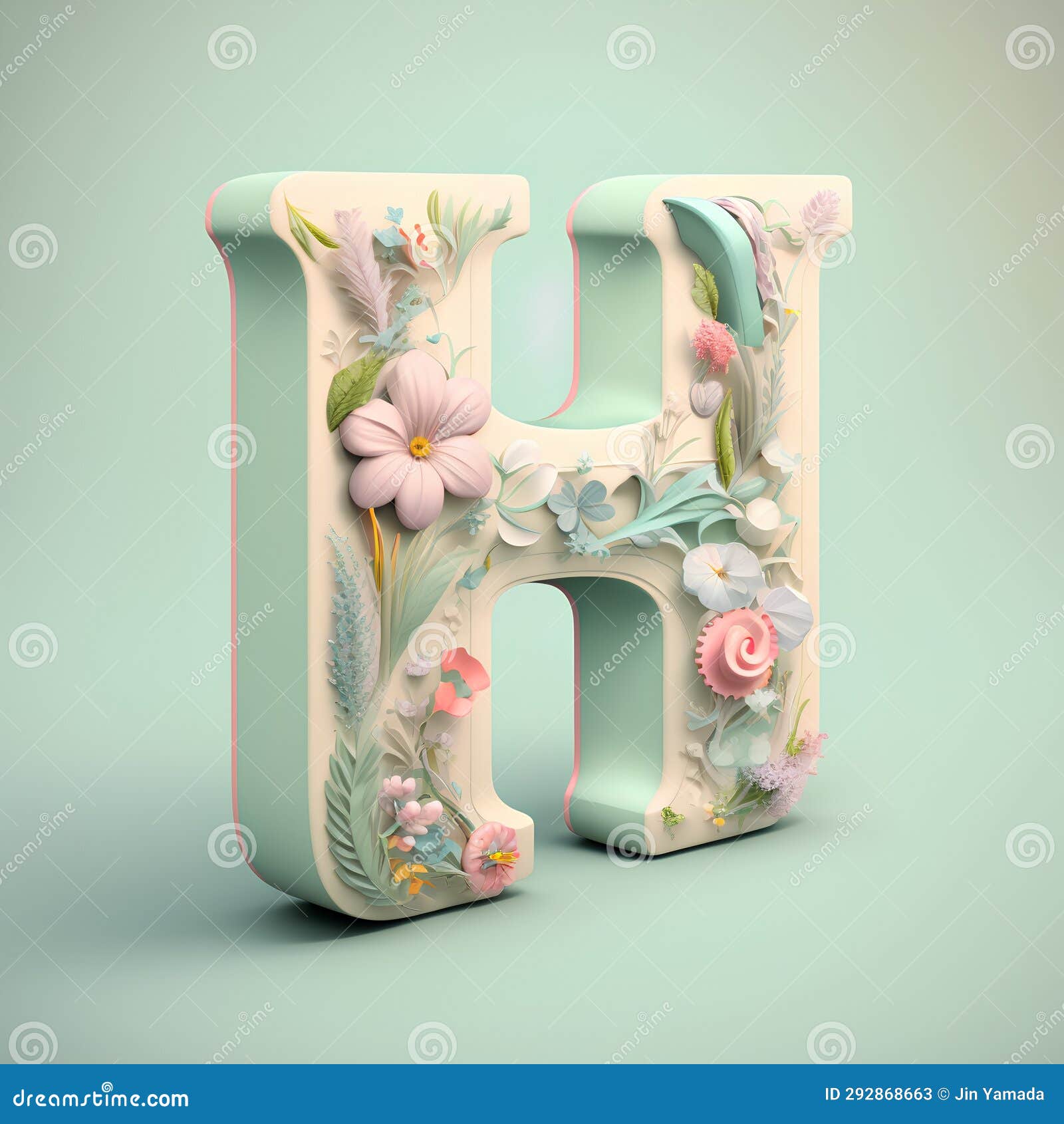 3d Render of Letter H in Pastel Colors with Flowers. Stock Illustration ...