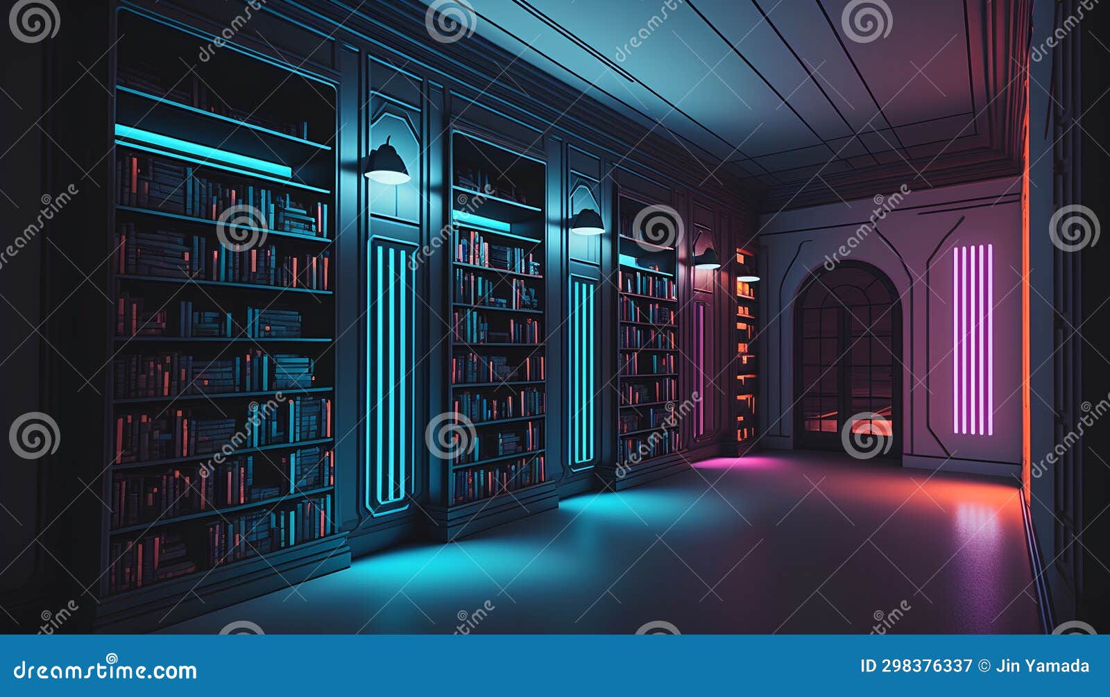3d Render of Library Interior with Bookshelves and Neon Lights Stock ...