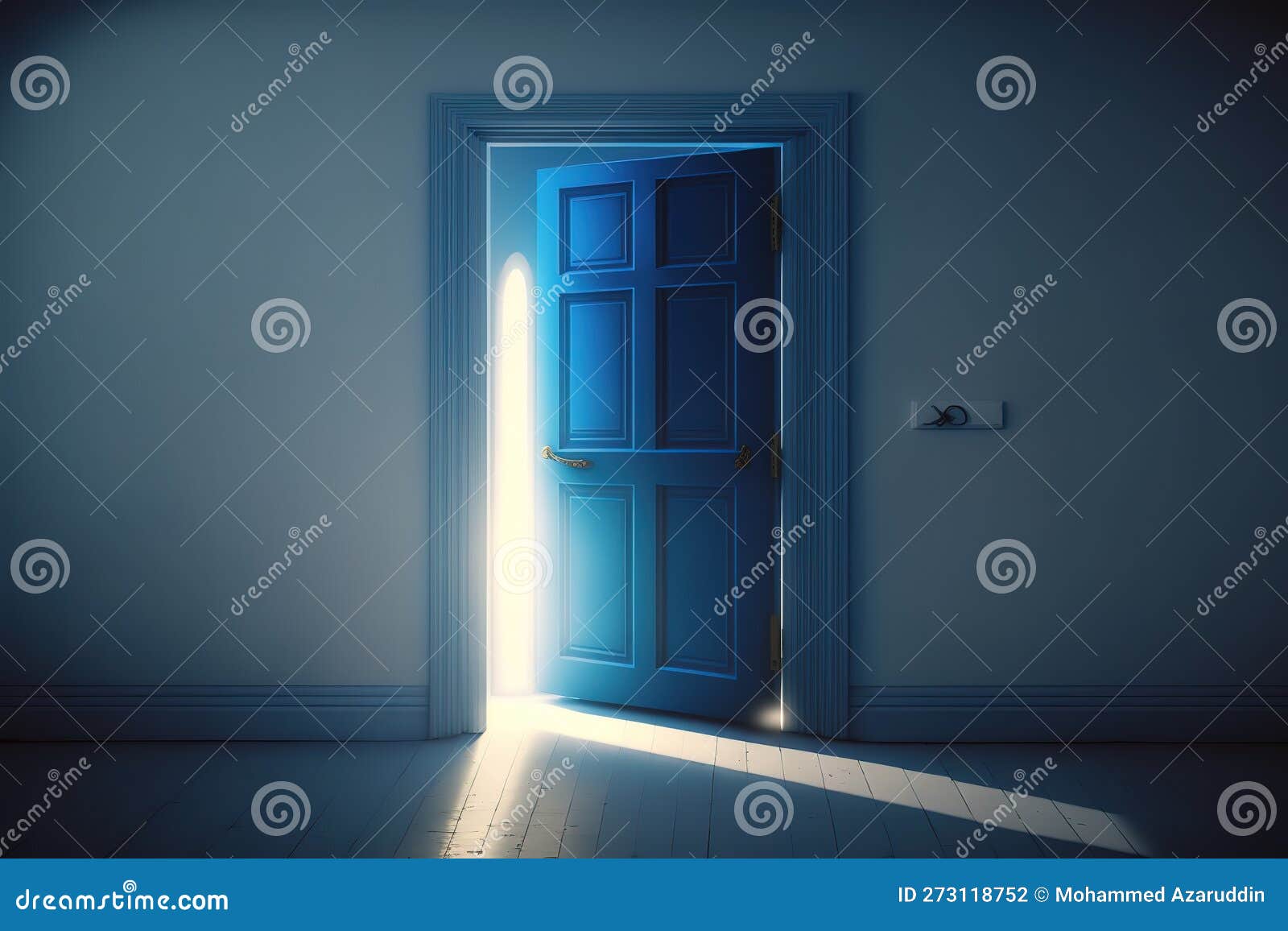 3D Render of Light Coming through Opened Blue Door Stock Illustration ...