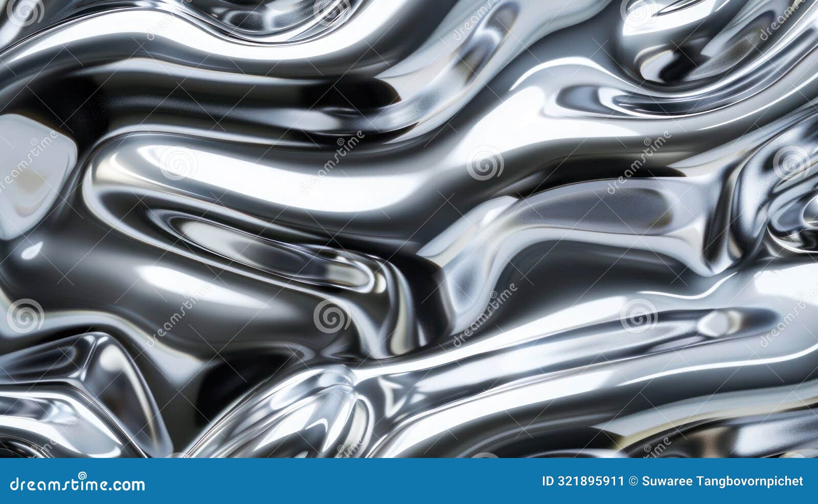 3d Render of Liquid Metal Wavy Texture, Shiny Chrome Background Stock ...