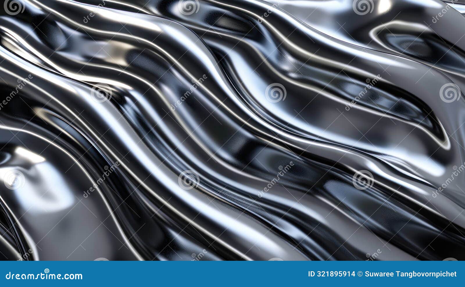 3d Render of Liquid Metal Wavy Texture, Shiny Chrome Background Stock ...