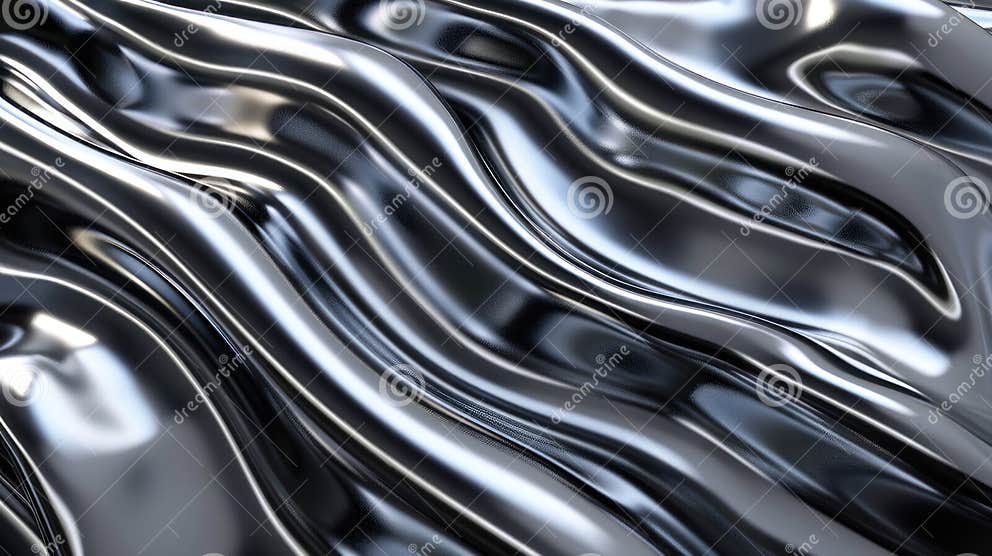 3d Render of Liquid Metal Wavy Texture, Shiny Chrome Background Stock ...