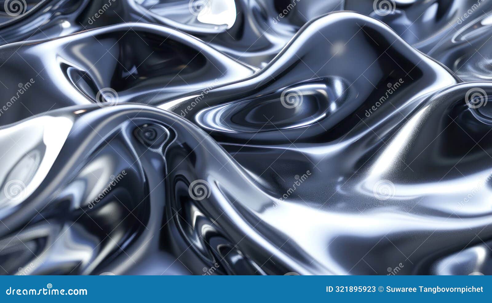3d Render of Liquid Metal Wavy Texture, Shiny Chrome Background Stock ...
