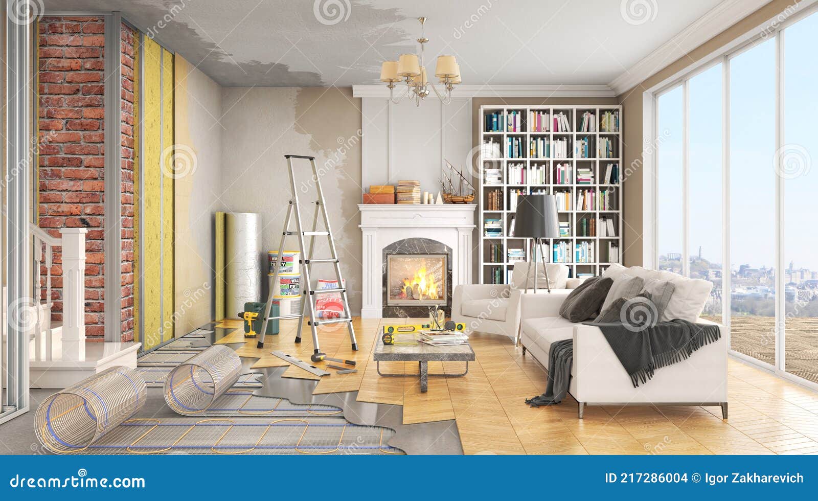 3d Render of Living Room in Construction Process with Layered Scheme of ...