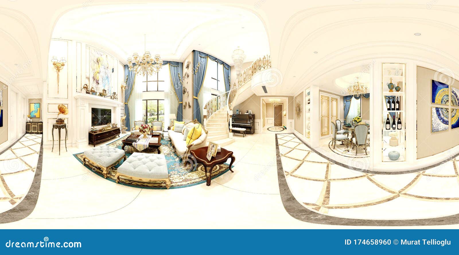 3d Render of Living Room, 360 Degrees. Stock Illustration ...