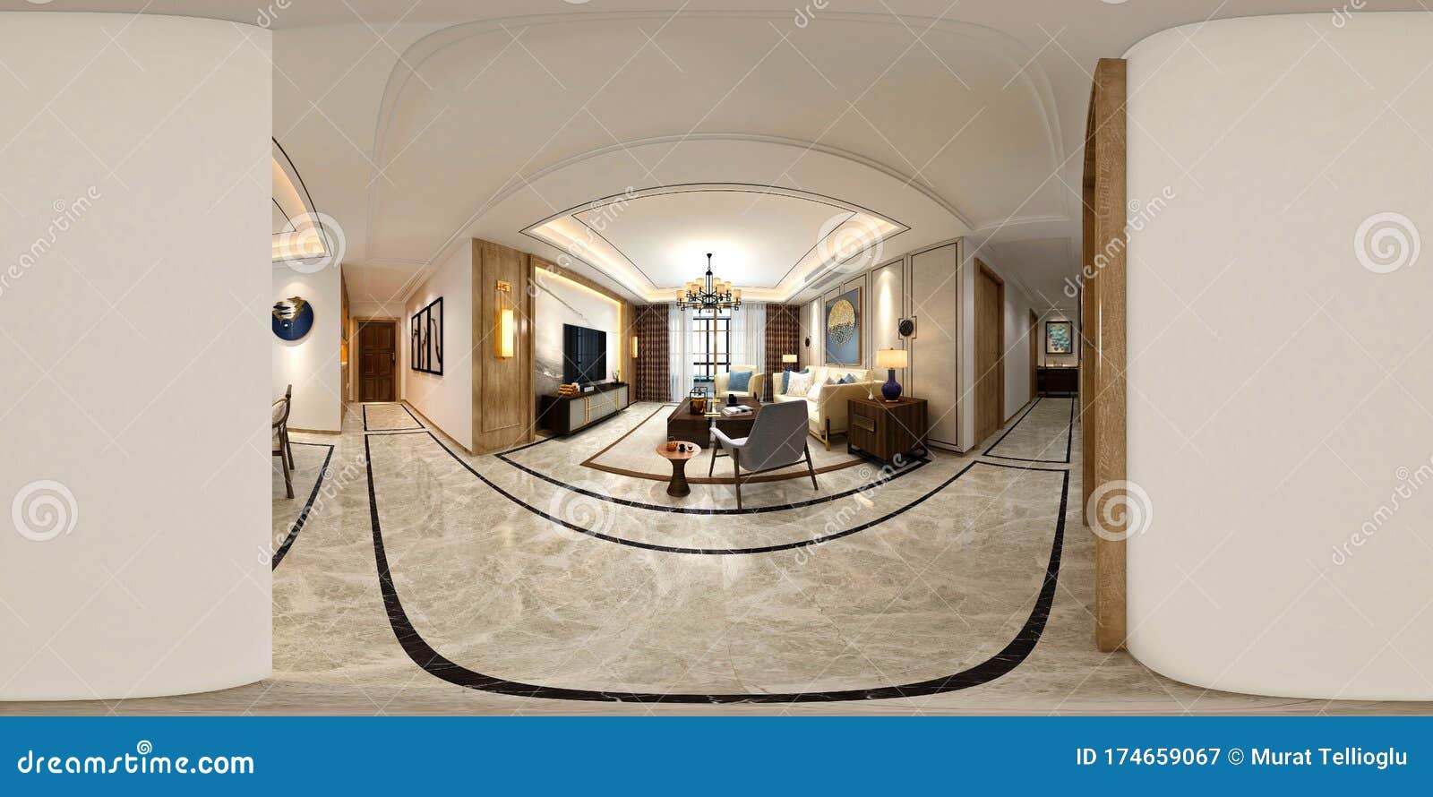 3d Render of Living Room, 360 Degrees. Stock Illustration ...