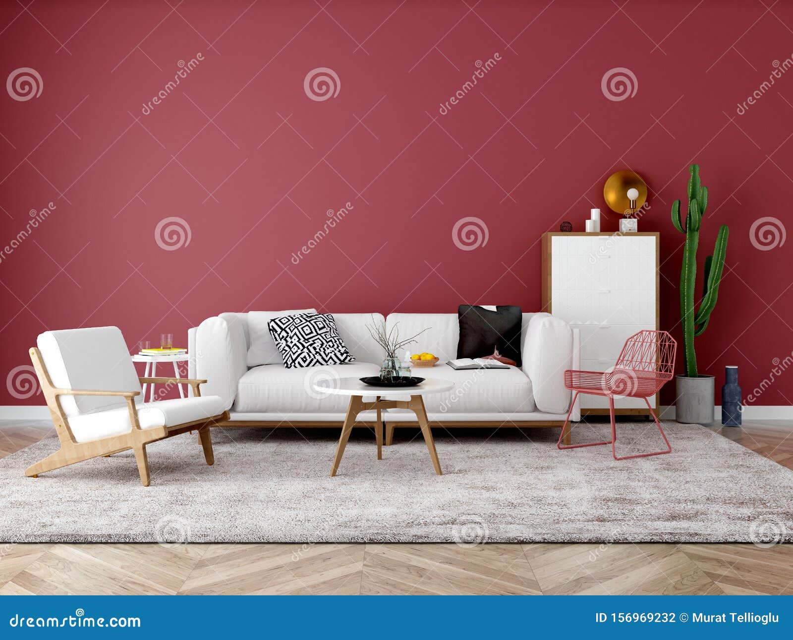 3d Render Living Room on Red Wall Stock Illustration - Illustration of ...