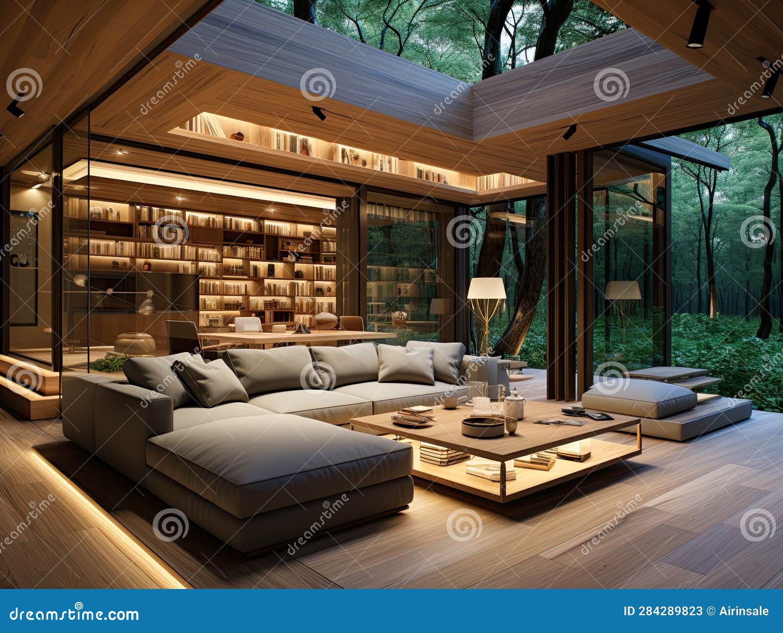 3D Render of a Loft Luxury Library in a Modern Villa with Leather ...
