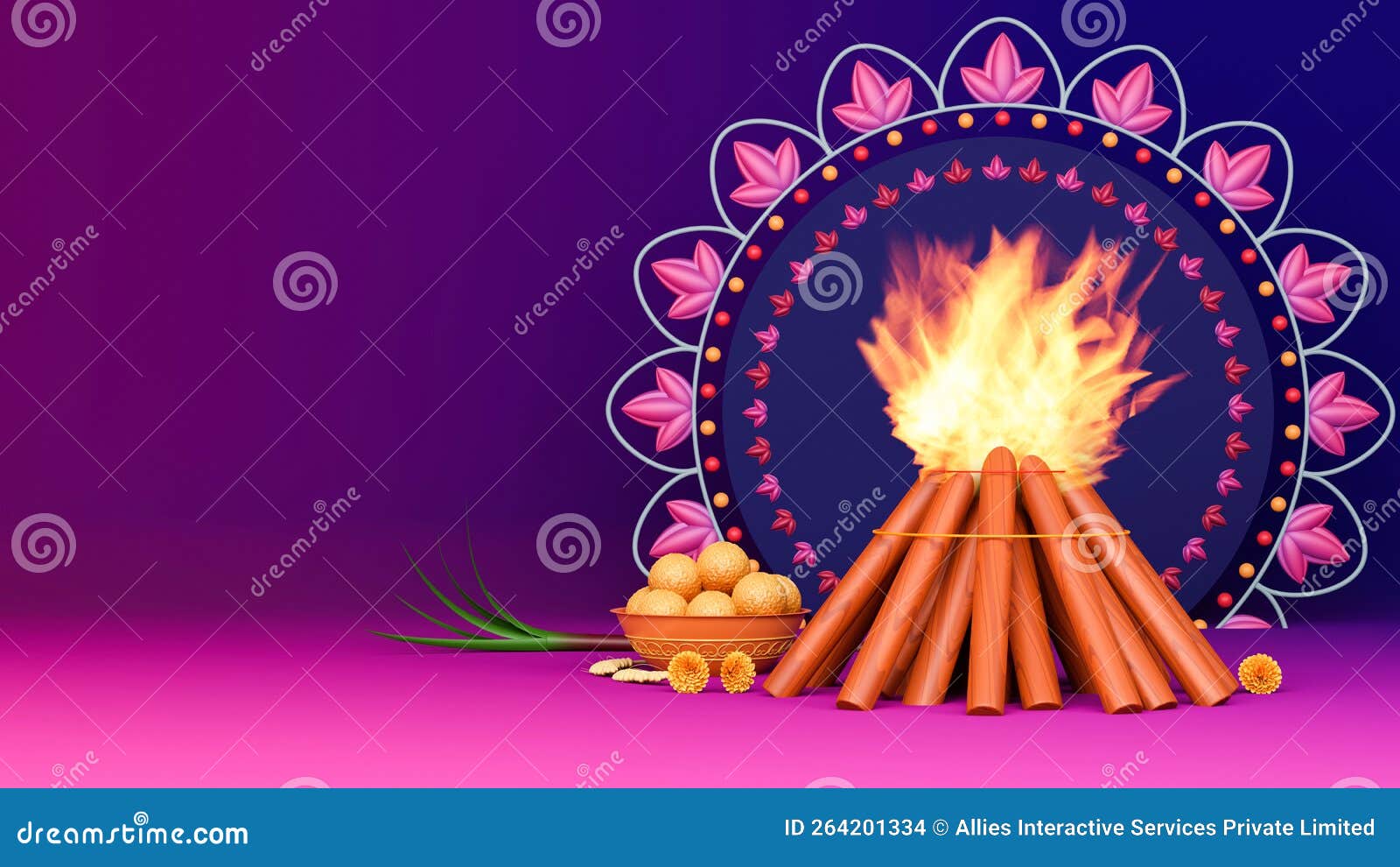 3D Render of Lohri Festival Elements with Copy Space on Gradient Blue ...