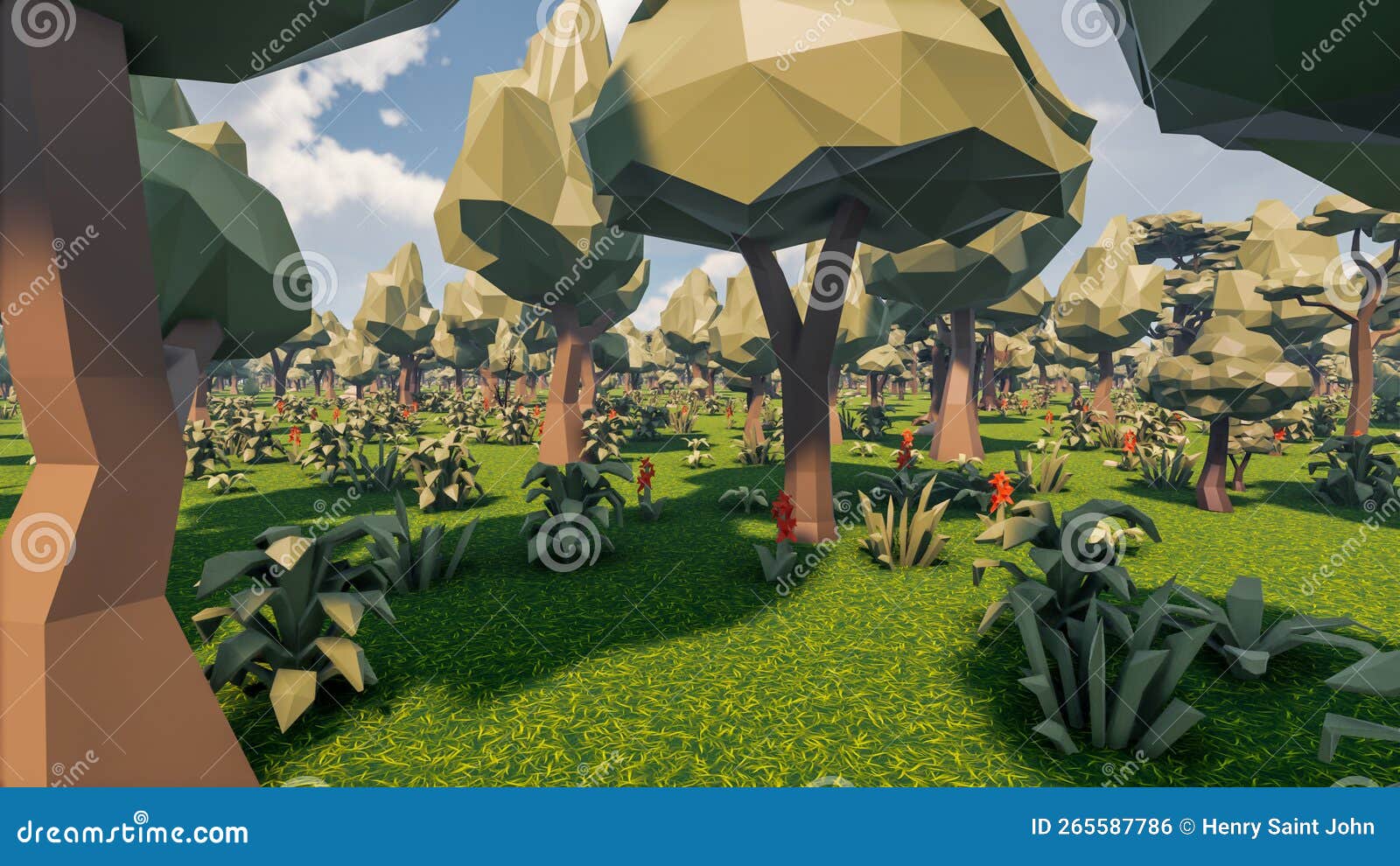 3D Render Low Polygon Background with Natural Landscape Forest Scenery ...