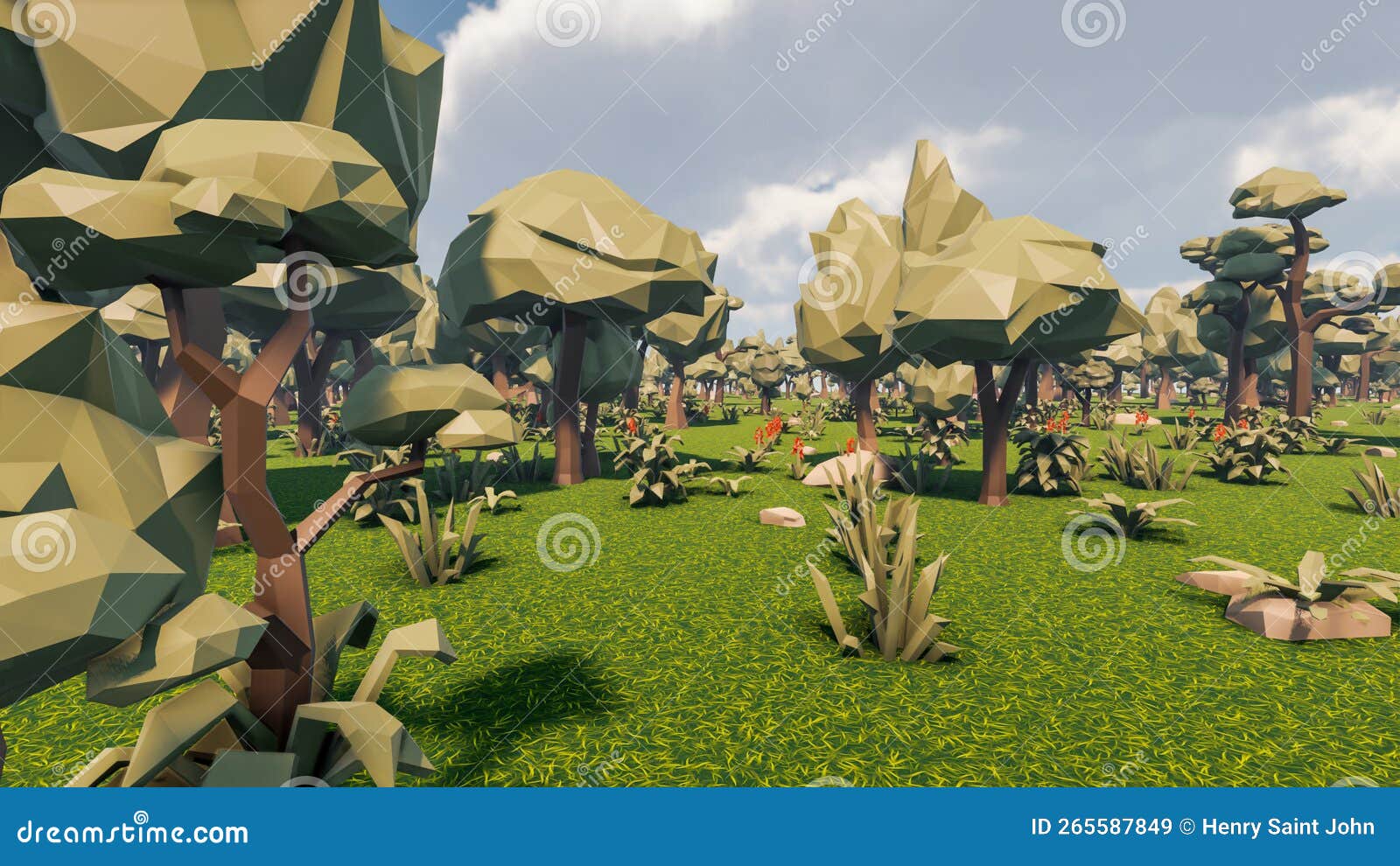 3D Render Low Polygon Background with Natural Landscape Forest Scenery ...