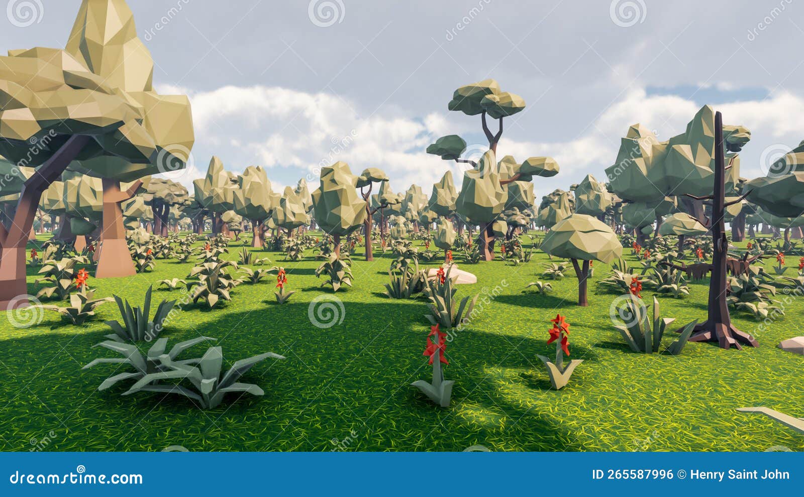 3D Render Low Polygon Background with Natural Landscape Forest Scenery ...