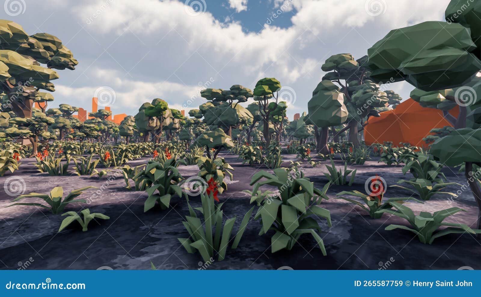 3D Render Low Polygon Background with Natural Landscape Scenery and ...