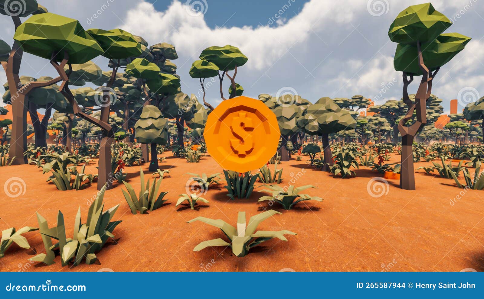 3D Render Low Polygon Background with Natural Landscape Scenery and ...