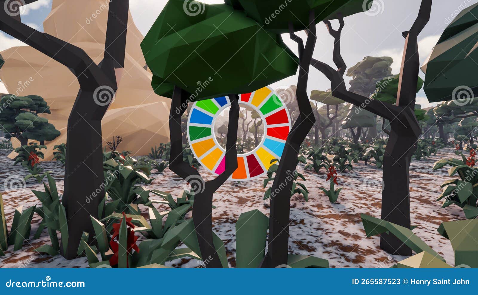 3D Render Low Polygon Background with Natural Landscape Scenery and SDG ...