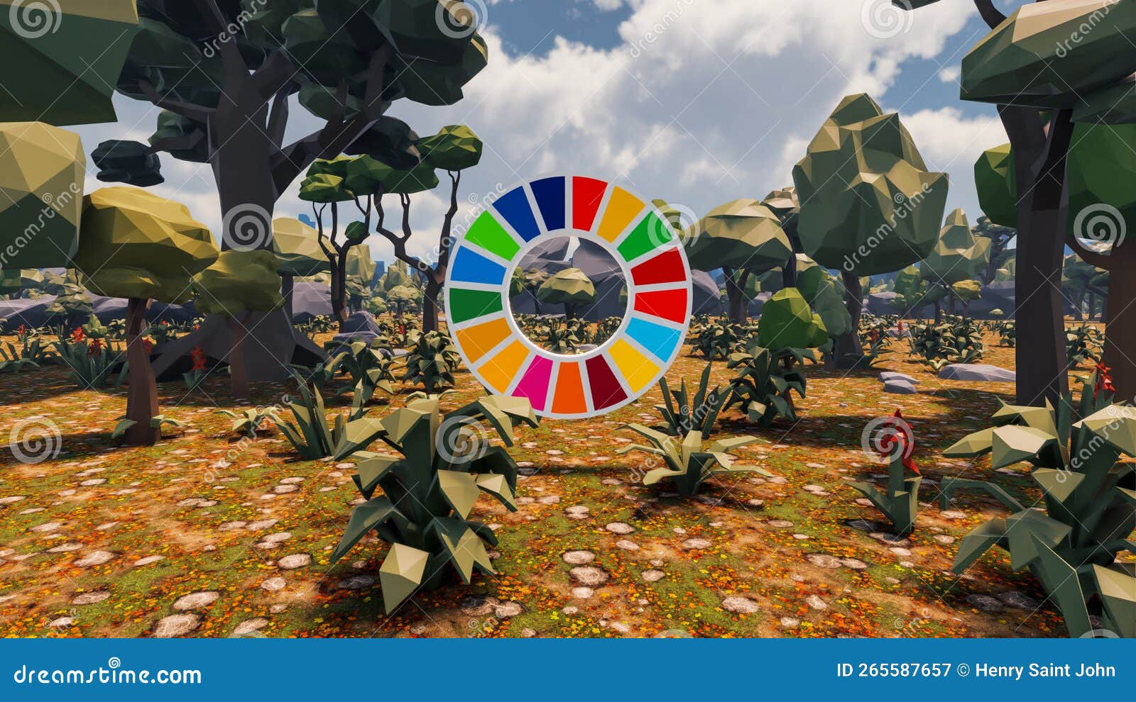 3D Render Low Polygon Background with Natural Landscape Scenery and SDG ...