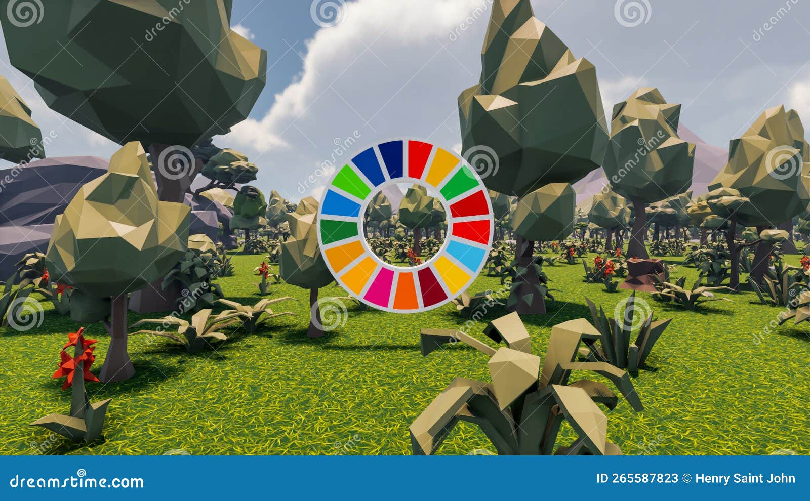 3D Render Low Polygon Background with Natural Landscape Scenery and SDG ...